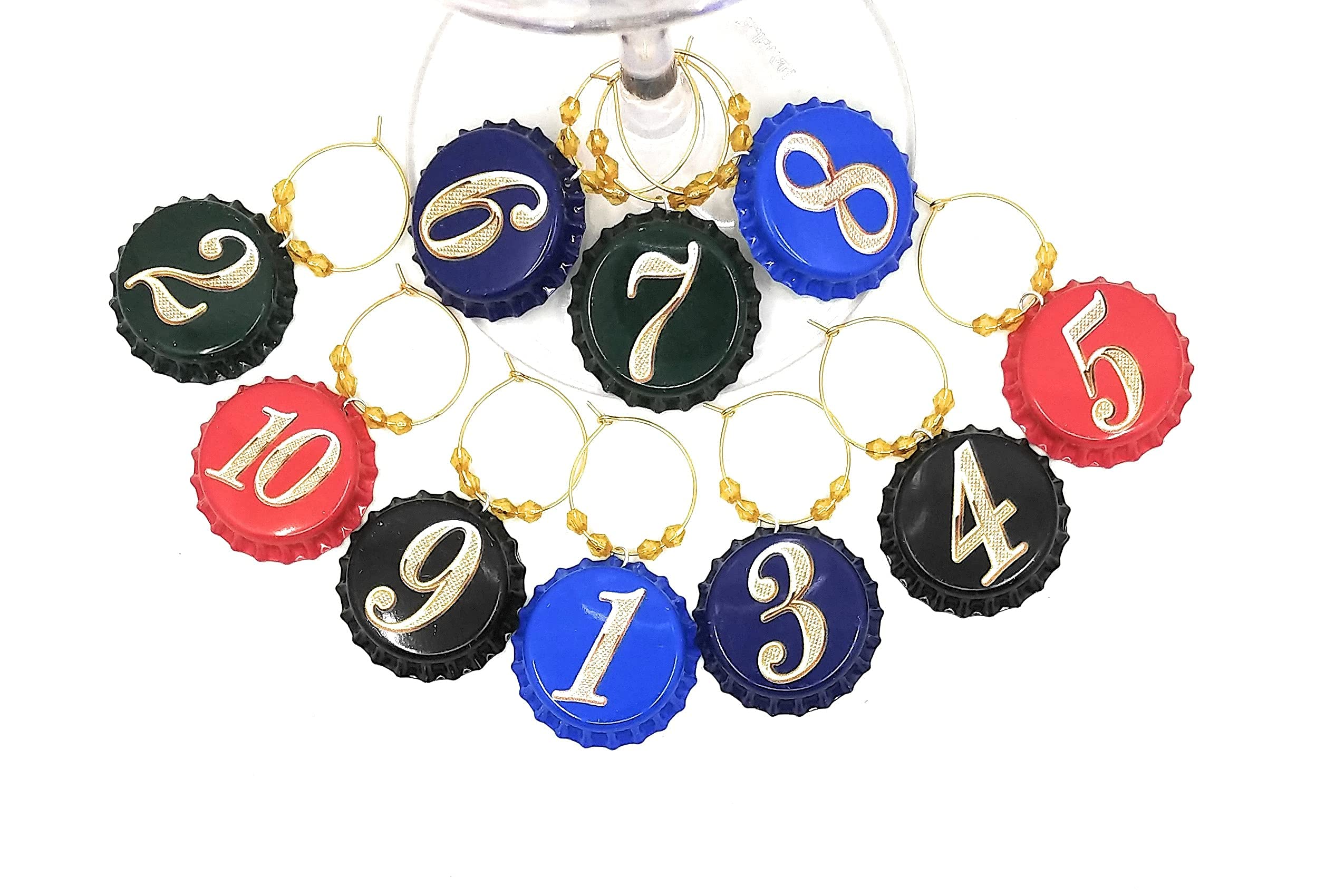 Number Wine Glass Charms 1-10, Glass Tag Identifiers Numbered 1 through 10, Bottle Cap Wine Charms - 10 Wine Charms per pack