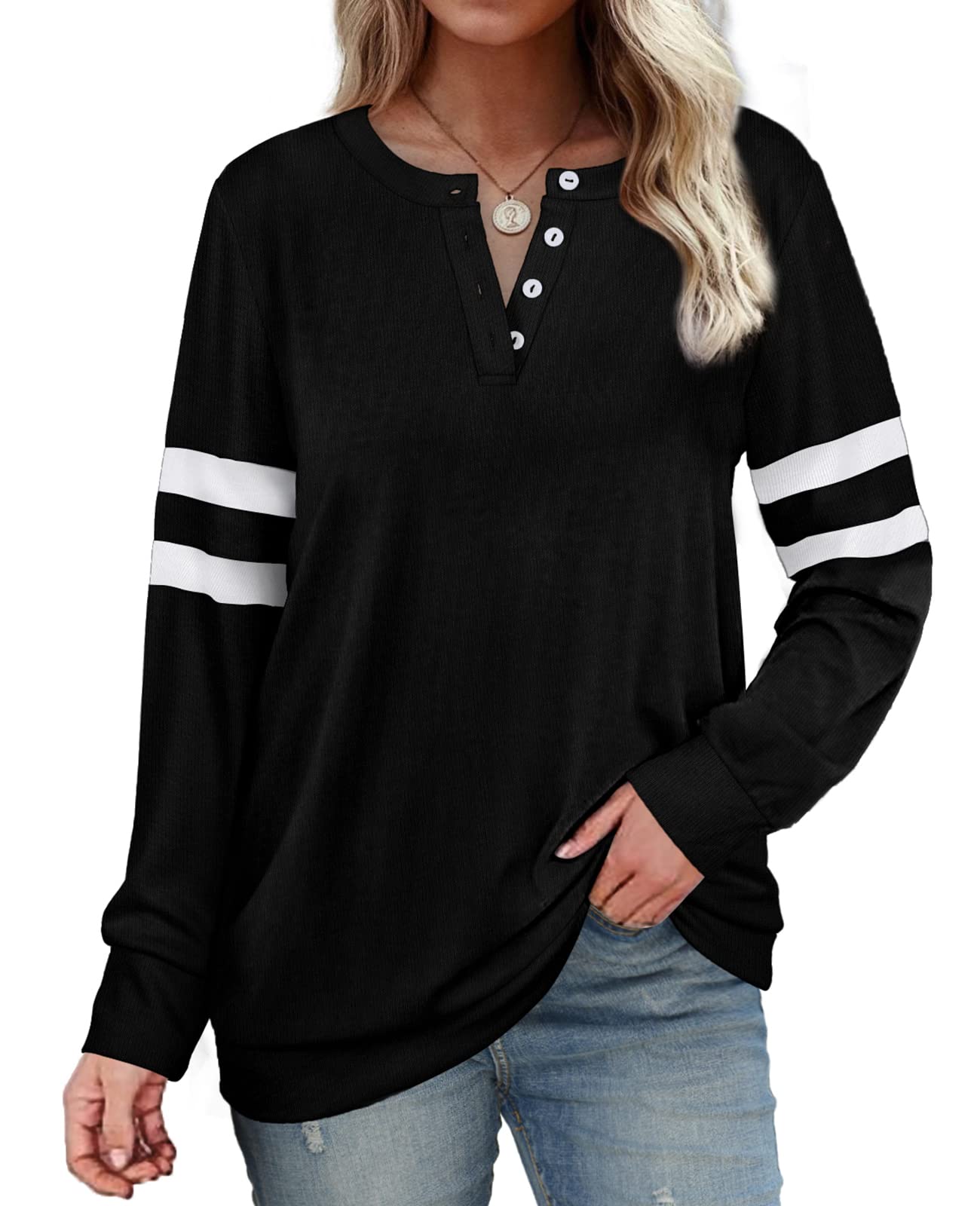 Sipaya Womens Black Sweatshirt, Casual Loose Sweater Button Up Black L