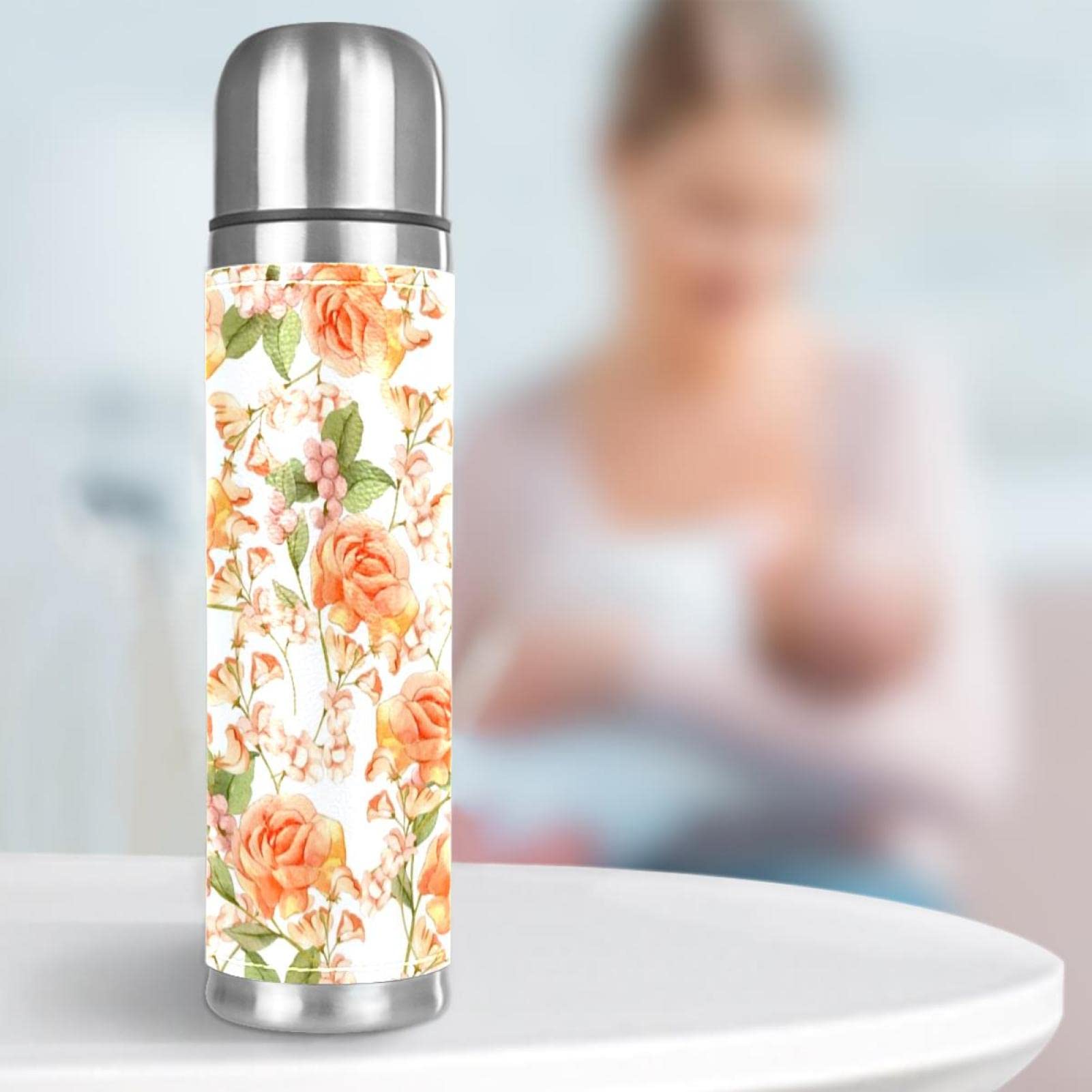 Stainless Steel Leather Vacuum Insulated Mug Flower Thermos Water Bottle for Hot and Cold Drinks Kids Adults 16 Oz