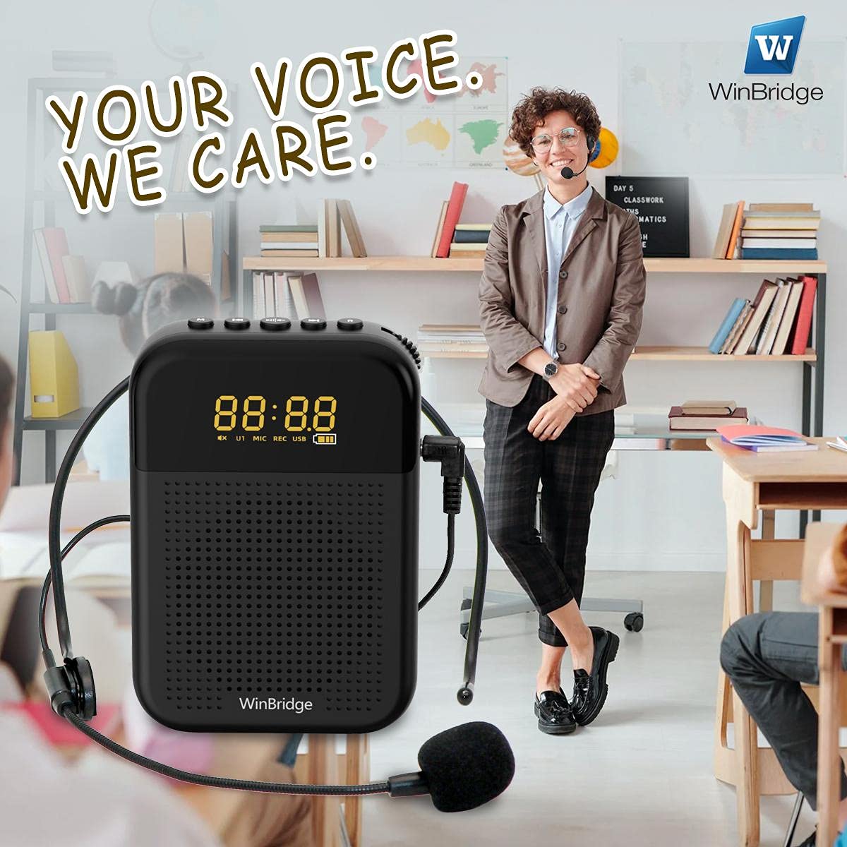 WinBridge Voice Amplifier Portable Speaker with Wired Microphone Headset 16W | 2500mAh Larger Capacity Mini Pa System Support Bluetooth | Record | Mute | LED Display for Teachers S209