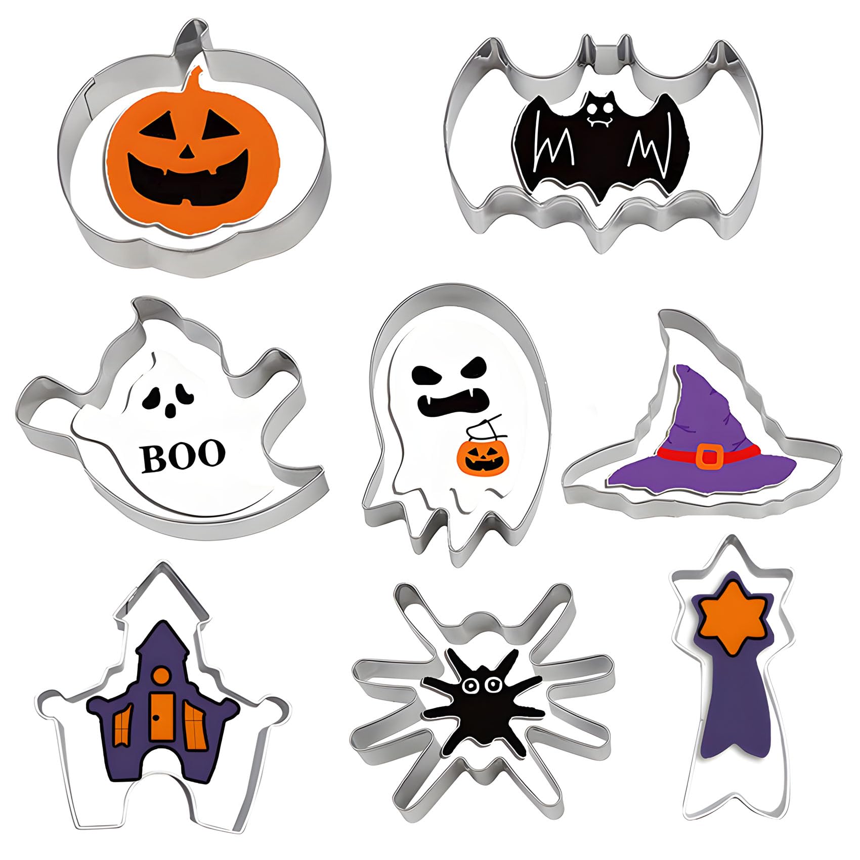 Nunnik Halloween Cookie Cutters 8 Pcs Stainless Steel Metal Cookie Cutter Set Holiday Cookie Cutters Shapes for Baking - Witch's Hat, Pumpkin, Ghost, Bat, Spidder, Star, Haunted House