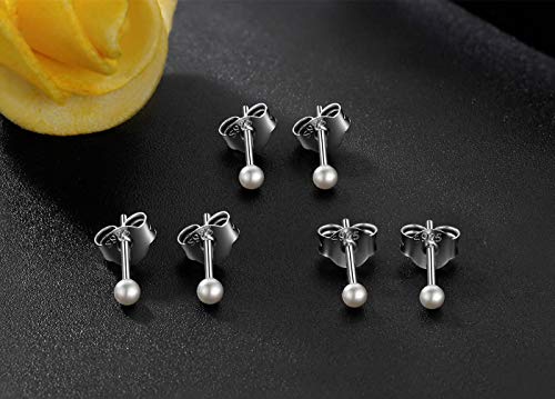 Sterling Silver Stud Earrings for Women- 3 Pairs of 2mm Tiny Pearl Earrings Set Cartilage Small Tragus Earrings Nose Lip Rings, Silver