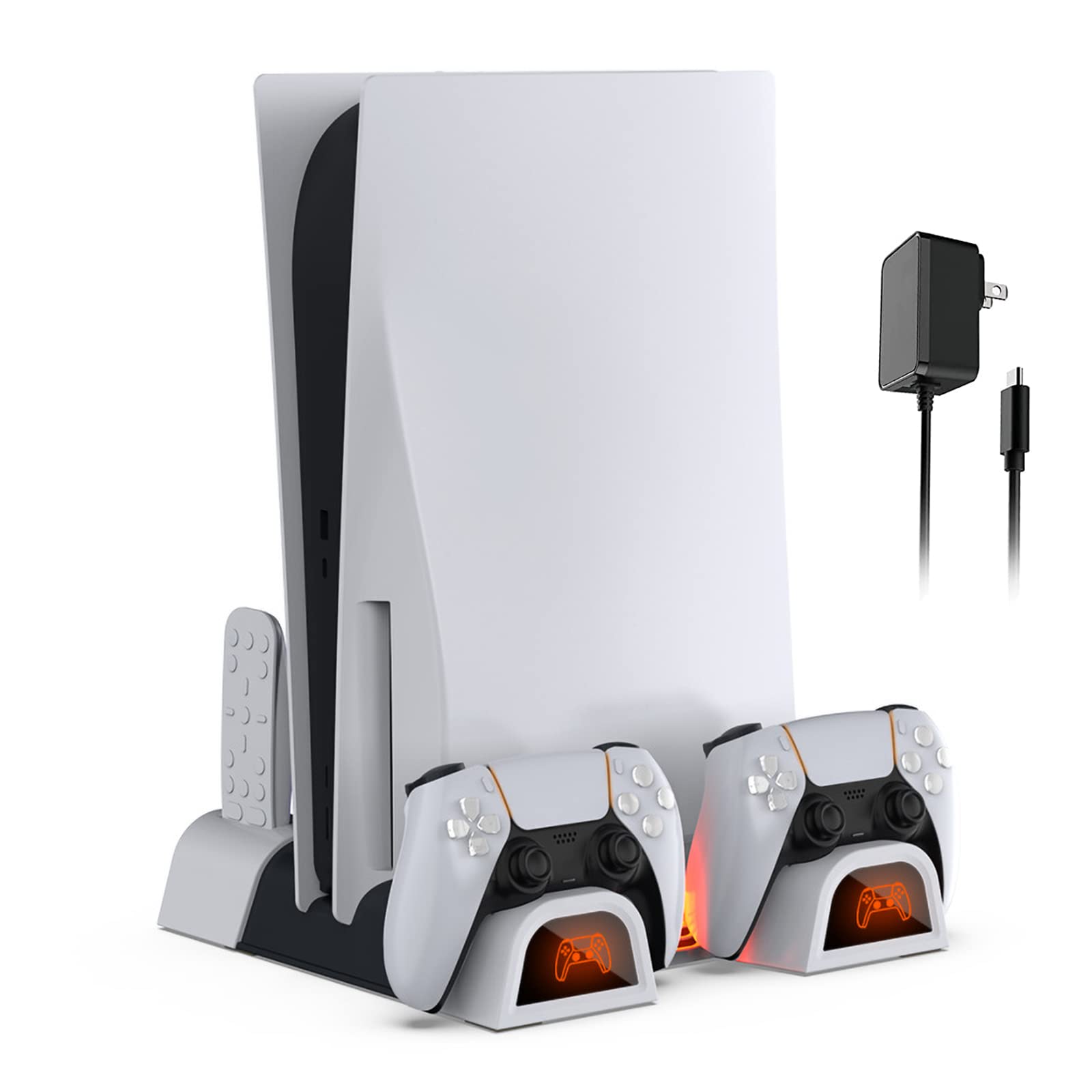 SOULION PS5 Stand with Suction Cooling Fan and Dual Controller Charger Station, Vertical Charging Dock Accessories for PS5 Console, 10 Game Slots and 2 in 1 Cable for PS5 Digital & Disc Edition, White