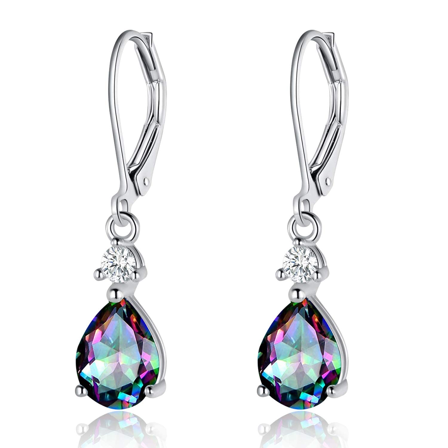 Teardrop Leverback Earrings 925 Sterling Silver Created Rainbow Quartz Mystic Topaz Drop CZ Dangly Pear Earings Vintage Hypoallergenic Jewelry for Women