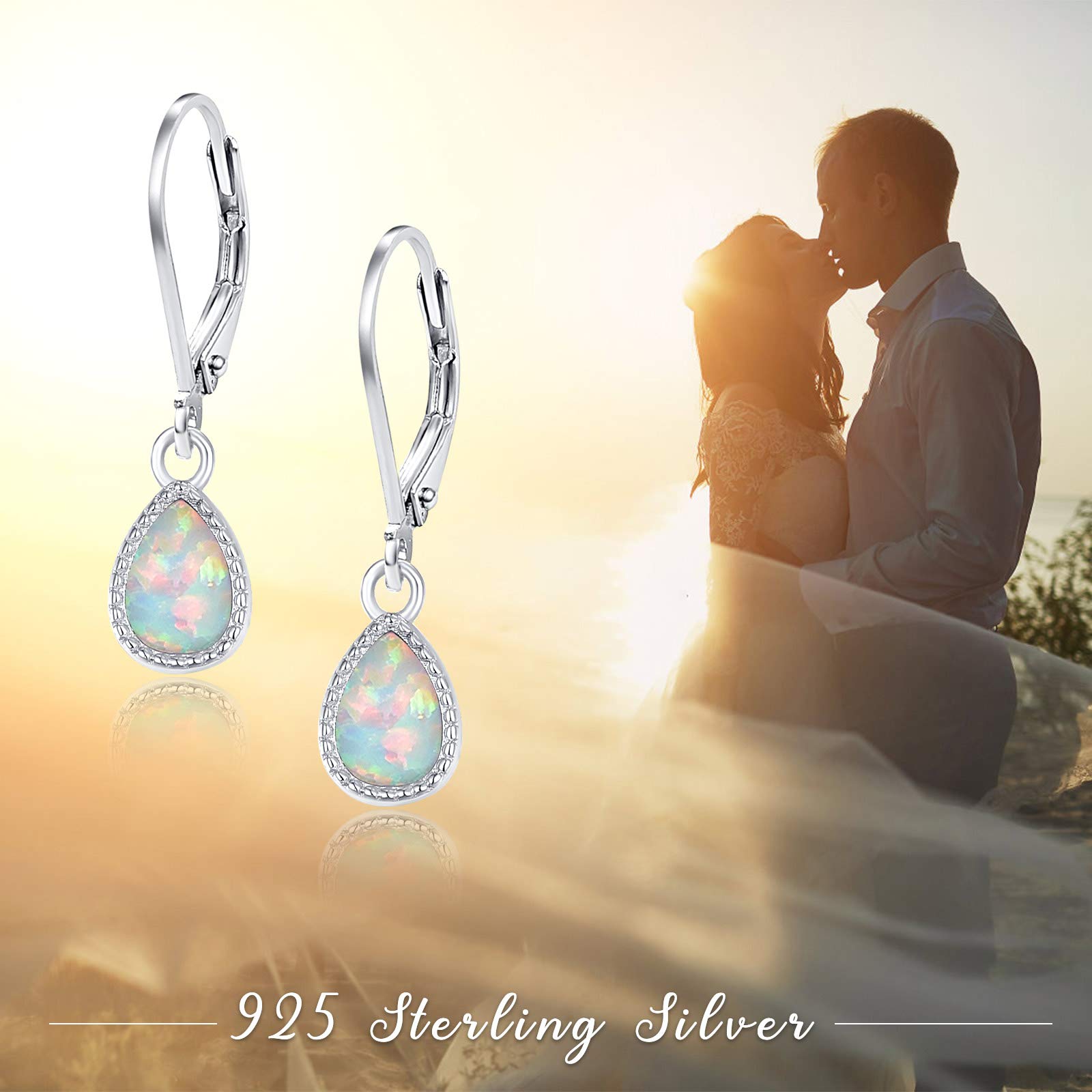 Teardrop Leverback Drop Dangly Safety Earrings, 925 Sterling Silver Opal Jewelry Valentine Gift for Women Girlfriend Daughter with Gift Box