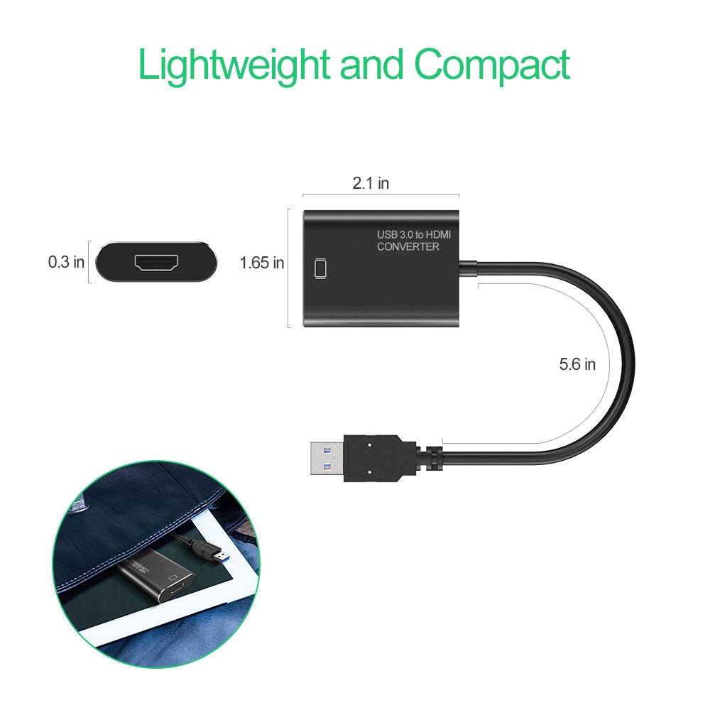 RayCue USB to HDMI Adapter, 1080P HD Audio Video Cable Converter, USB 3.0/2.0 to HDMI for Multiple Monitors, Compatible with Windows XP/10/8.1/8/7 (Not Support Mac, Linux, Vista, Chrome)