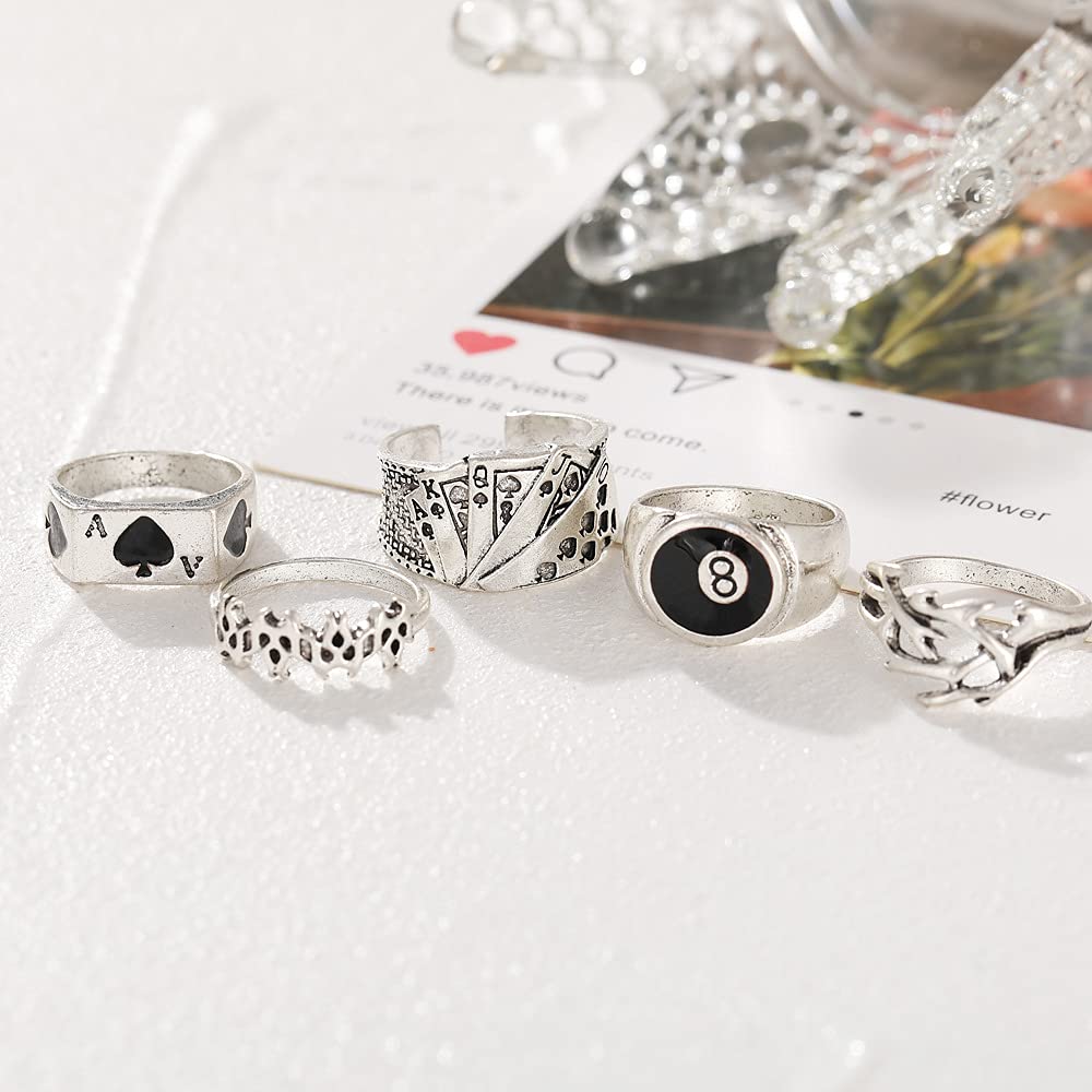 ZMANYIJEW Silver Men Ladies Rings Set, Adjustable Rings, Cross Rings, Twist Rings, Billiard Rings, Solitaire Rings, Cool Gothic Rings, Silver Pearl Simple Line Stackable Ring Sets (19pcs, Alloy)