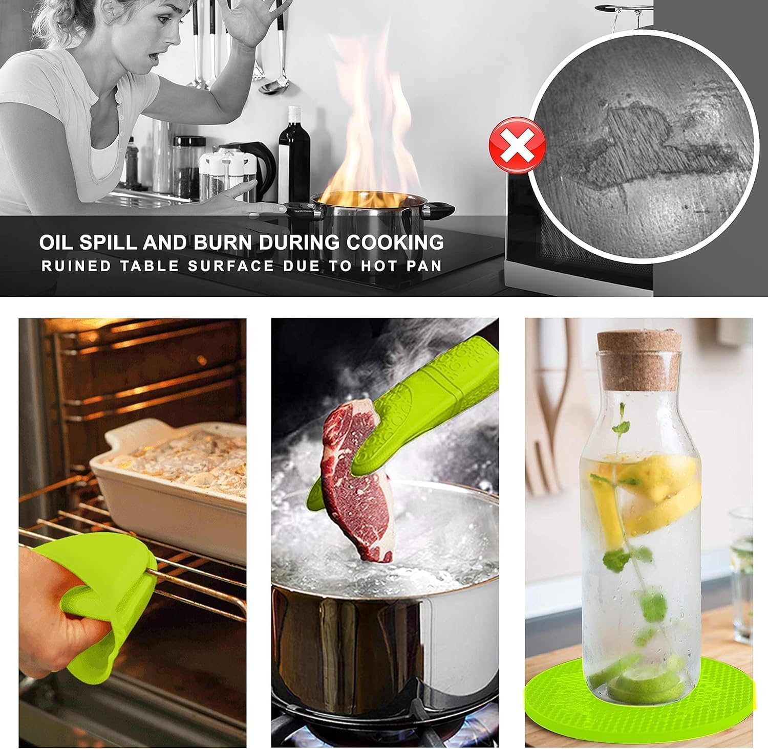 RFAQK Oven Mitts and Pot Holders Sets- Extra Long Silicone Oven Mitts, Oven Mitts Heat Resistant with Quilted Soft Liner and Mini Oven Mittens Sets for Kitchen, Baking, Grill and BBQ-Green (Pack of 6)