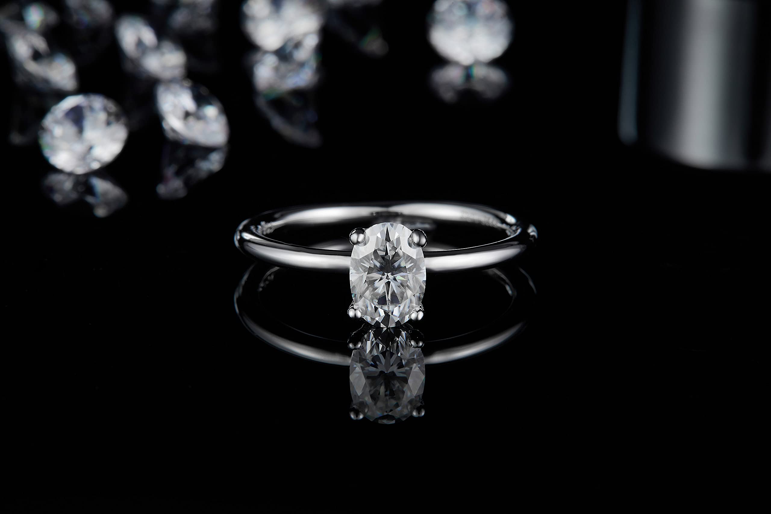 TwoBirch 1 Carat Moissanite Oval Solitaire in Platinum Plated Sterling Silver (CERTIFIED) (Size 5)