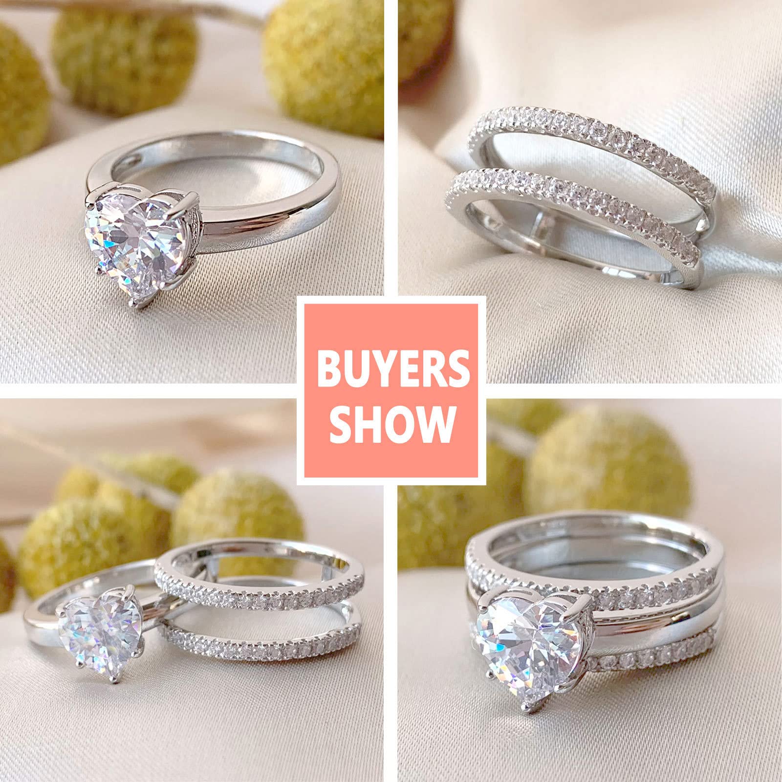 SHELOVES Solitaire Heart CZ Engagement Rings Set Sterling Silver Wedding Band Guard Enhancers Sz 5