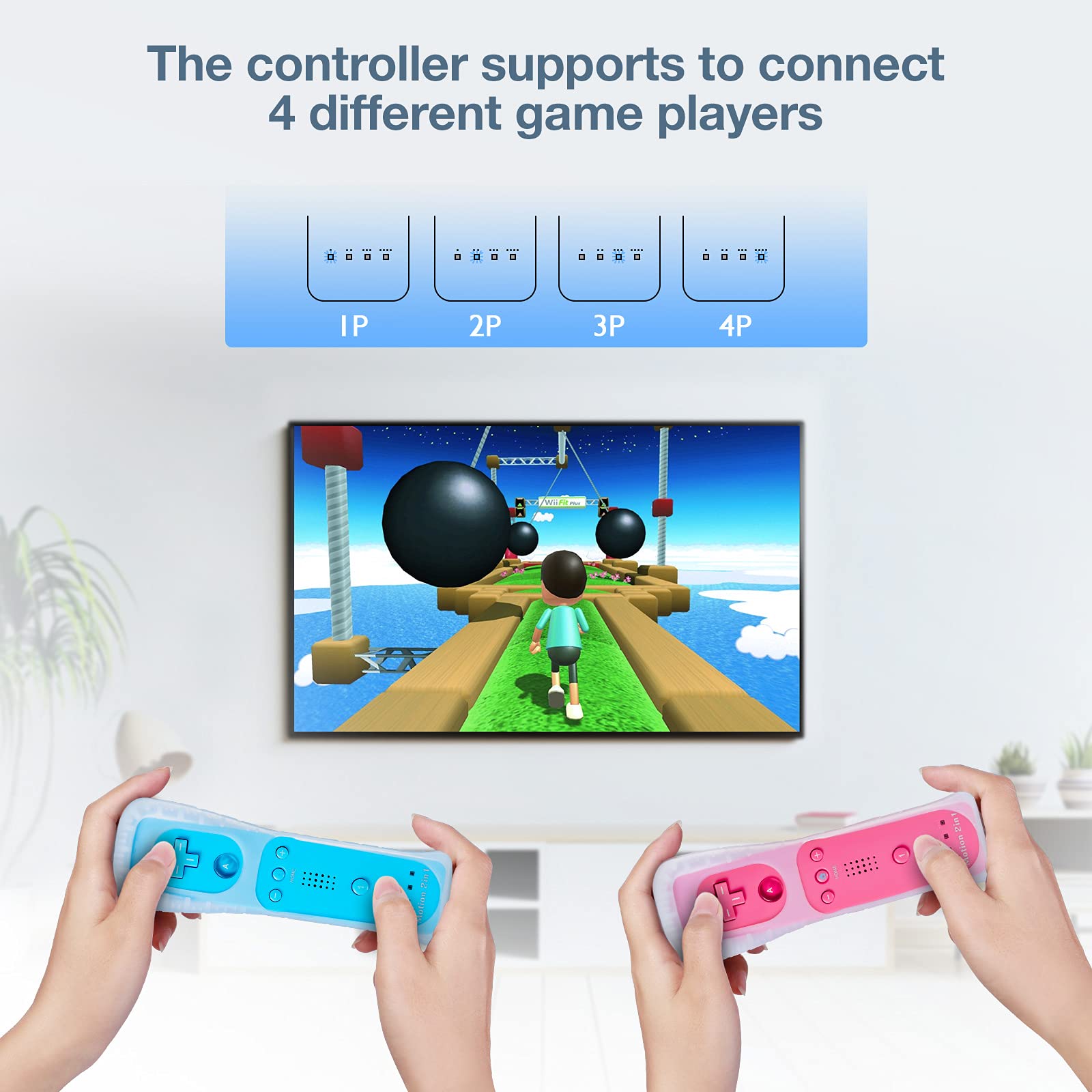 Wii Remote Controller 2 Packs Wireless Wii U Motion Plus Remote Controller with Silicone Protective Case and Wrist Strap Compatible for Nintendo Wii and Wii U (Pink and Blue)