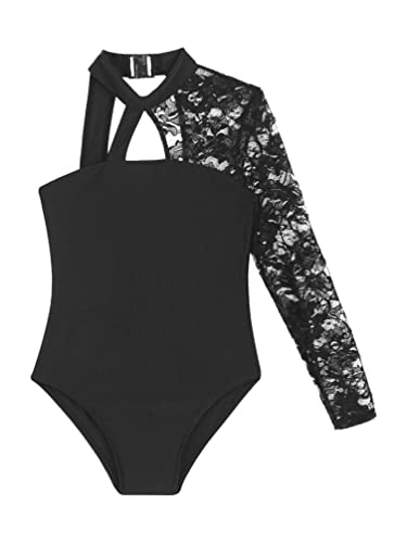 TiaoBug Girls Open Back Long Sleeve Gymnastics Leotard Off-Shoulder Turtle Neck Ballet Dance Leotard Bodysuit Activewear Black B 6