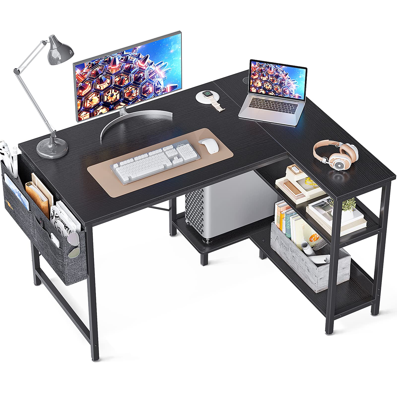ODK Small L Shaped Computer Desk, 40 Inch Corner Desk with Reversible Storage Shelves & PC Stand, Writing Study Table with Storage Bag for Small Space, Black