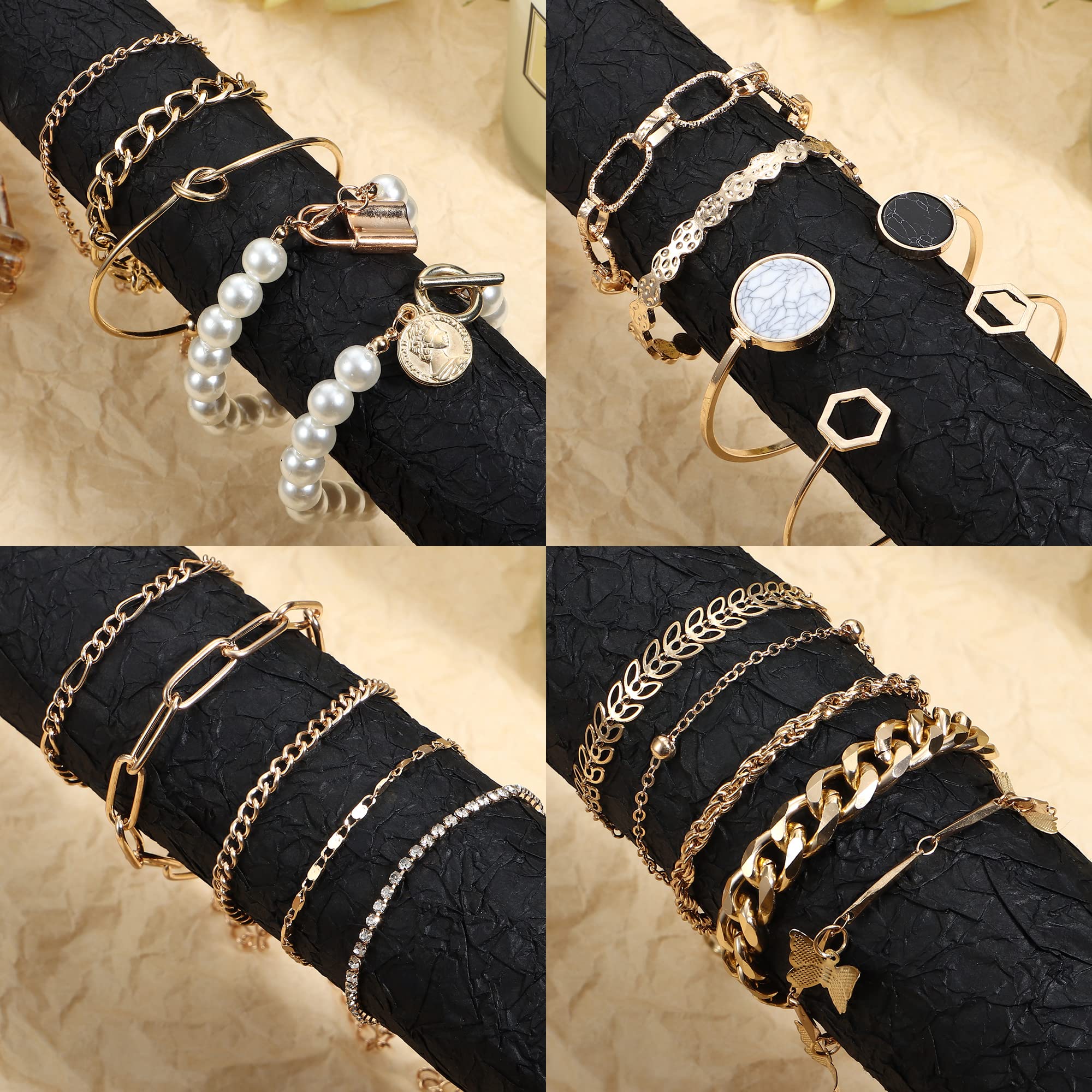 YADOCA 27Pcs Gold Stackable Chain Bracelets Set For Women 14K Gold Plated Boho Dainty Multiple Layered Stackable Open Cuff Wrap Bangle Adjustable Trendy Paperclip Link Italian Cuban Jewelry For Women