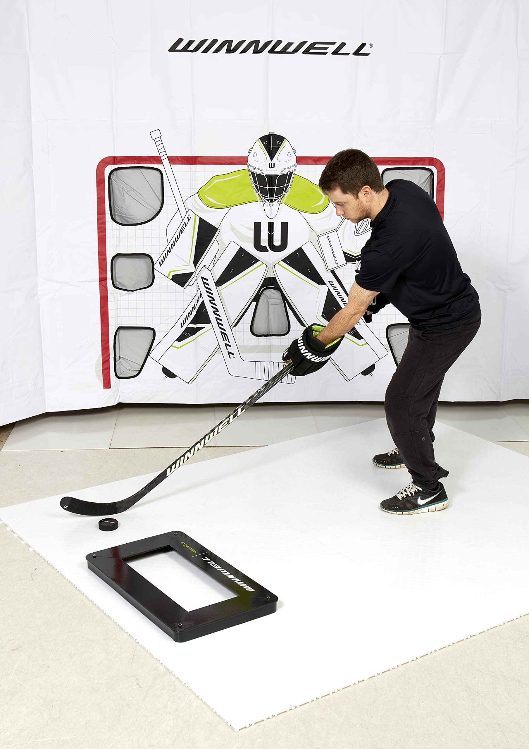 Winnwell 4Way Hockey Passing Aid - Passing & Stick Handling Trainer Suitable for On/Off Ice, Help Improve Puck Control & Shooting with Rubber Rebounder Passing Aide | Equipment Made for Kids & Adults