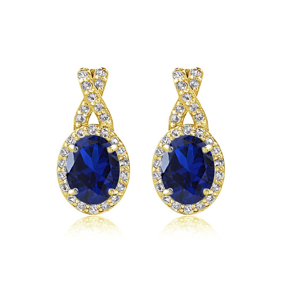 Sapphire Earrings for Women Trendy Fashion Yellow Gold Flashed Sterling Silver Created Blue Gemstone & White Topaz Oval X Drop Earring