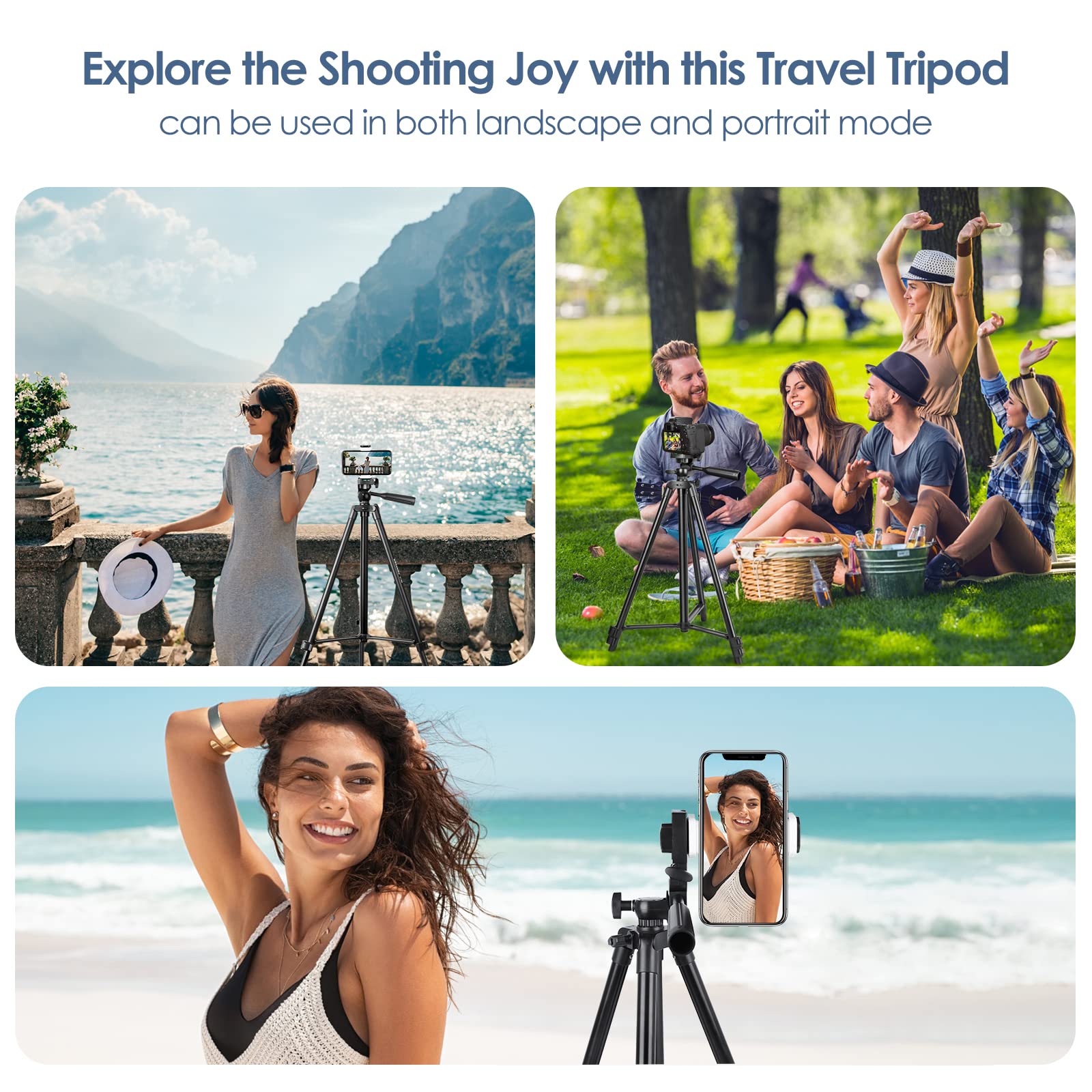 UBeesize 50-inch Lightweight Tripod for Cameras and Cell Phones, Aluminum Travel Tripod with Adjustable Phone Mount for iPhone and Android Black