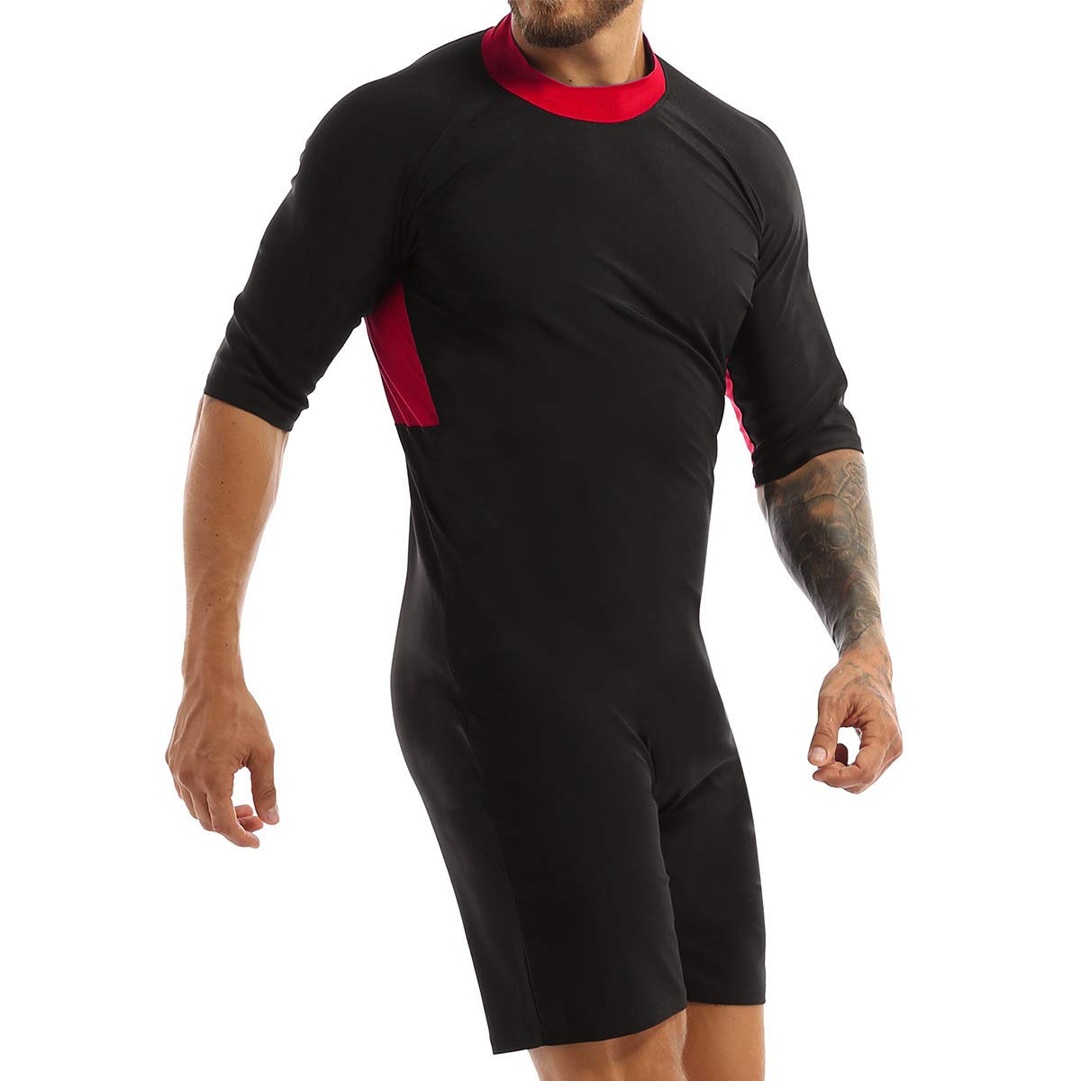 Shinsto Mens One Piece Surfing Diving Shorty Wetsuit Rock Neck Half Sleeve Stretchy Jumpsuit Swimwear Red XX-Large