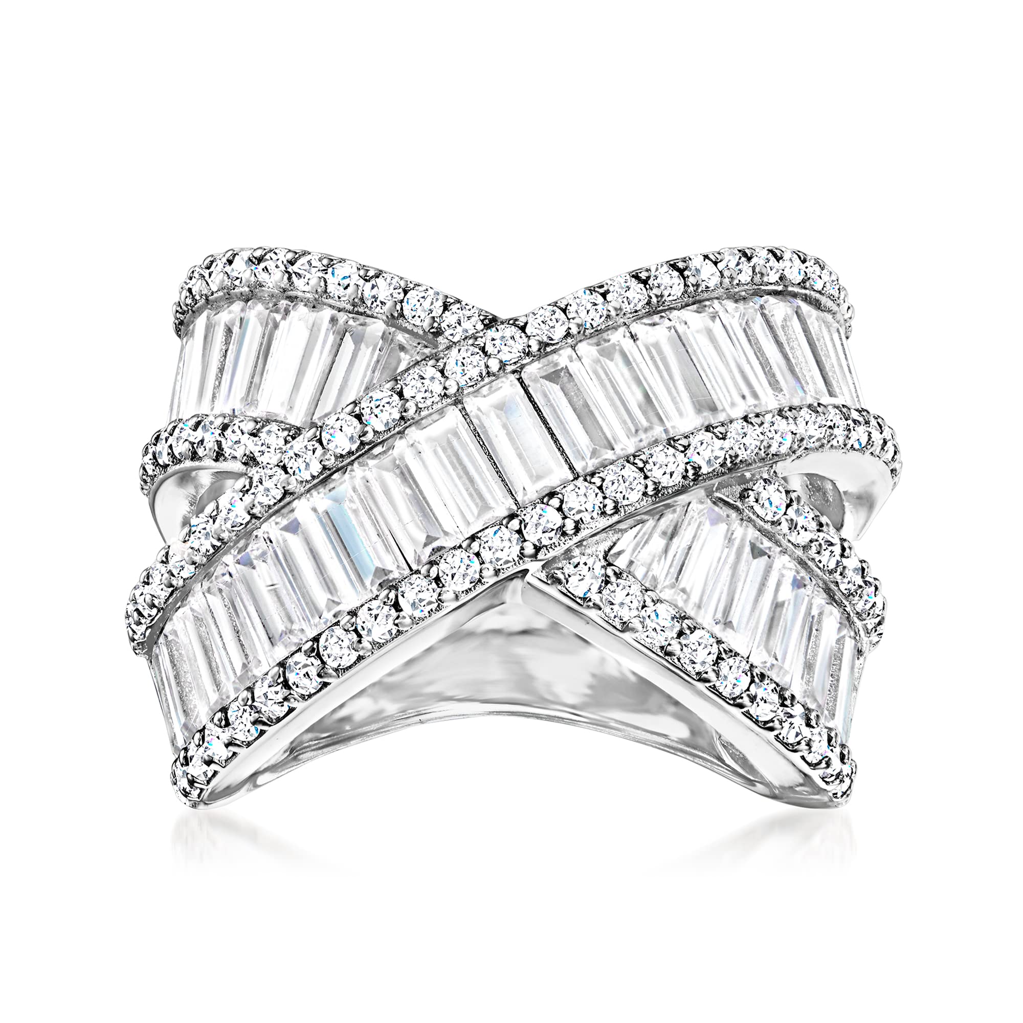 Ross-Simons 5.60 Baguette and Round CZ Crisscross Ring in Sterling Silver. Size 6