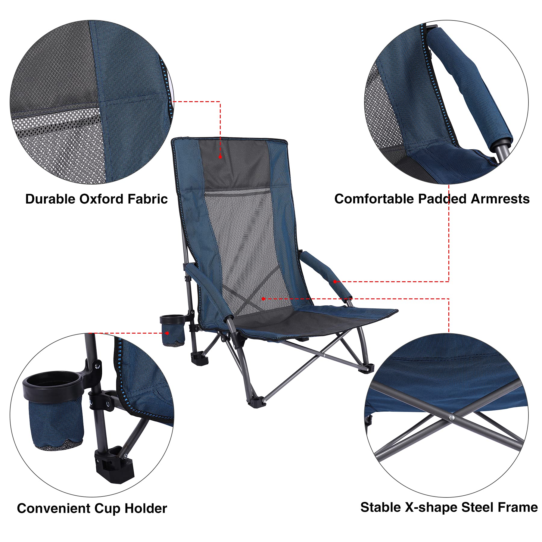 REDCAMP High Back Beach Chairs for Adults 2 Pack, Oversided Folding Low Beach Chairs for Concerts, Lightweight Portable for Camping Backpacking Outdoor Sports Events, Navy