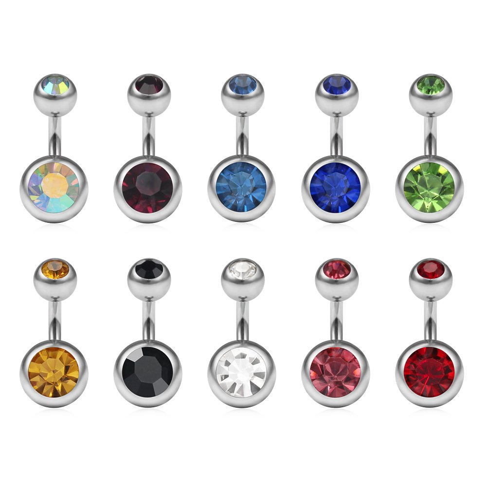 Ruifan 14G 6mm 1/4 Inch 316L Surgical Steel Jeweled CZ Short Belly Earring Navel Button Rings 10PCS