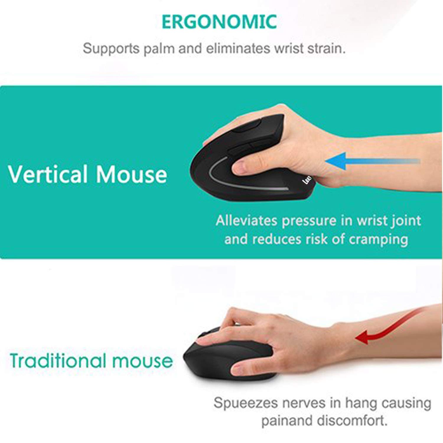 Rechargeable Wireless Vertical Ergonomic Mouse, 2.4G USB Optical Vertical Mouse with 3 Adjustable DPI 800/1200/1600 Levels 6 Buttons for Computer, Laptop, PC, MacBook- Black