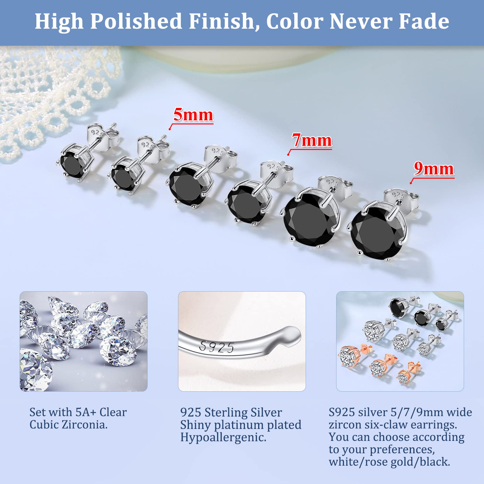 Suplight Womens Mens Earrings 925 Sterling Silver Black Cubic Zirconia Stud Earrings for Women 9mm