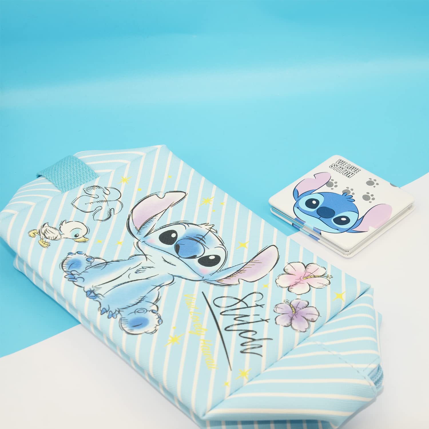 Stitch Travel Cosmetic Pouch, Large Capacity Cartoon Zippered PU Bag, Foldable Makeup Accessories Organizer and Storage for Women and Girls