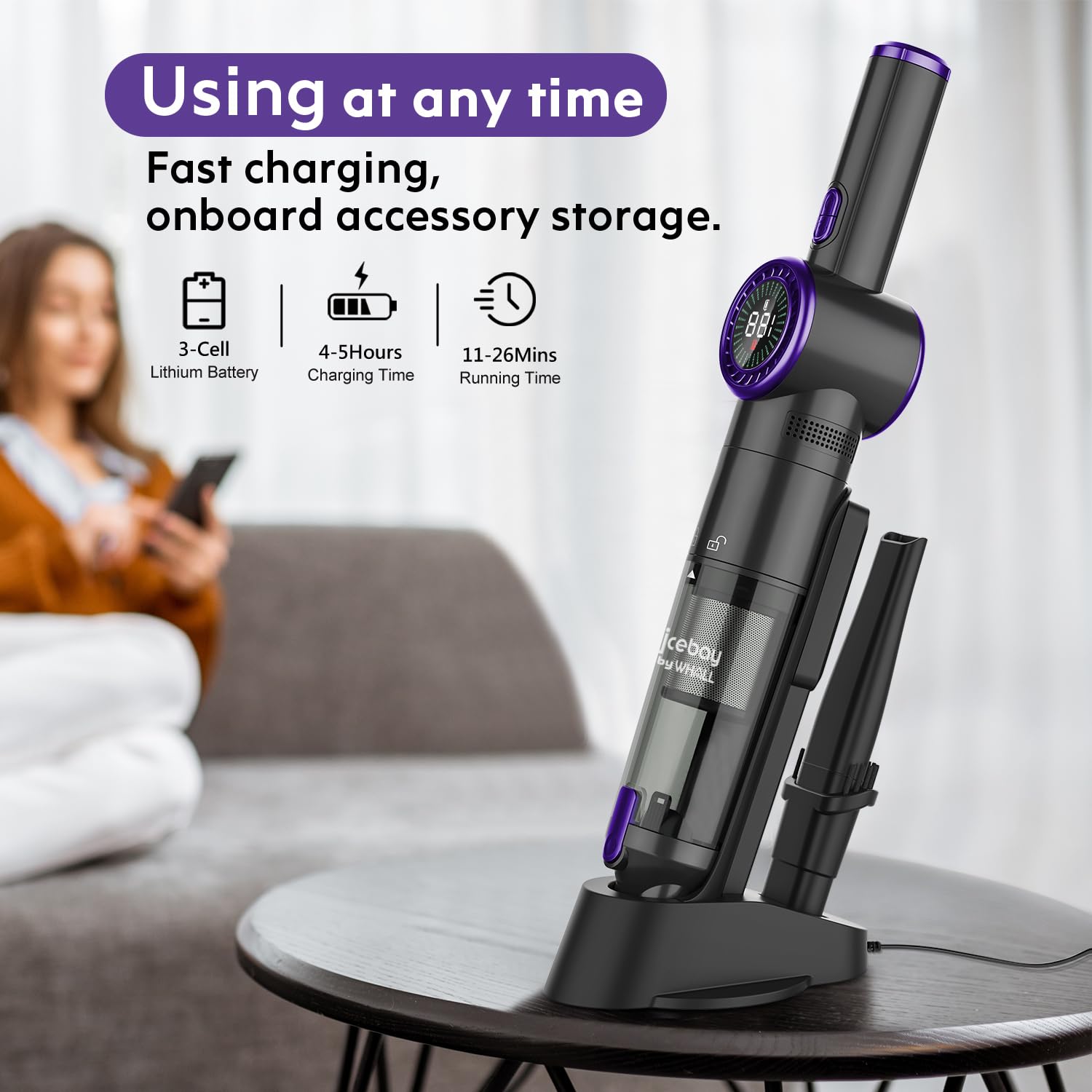 Nicebay Cordless Handheld Vacuum Cleaner, 15KPA Strong Suction Portable Hand Vacuum Cleaner, LED Display Car Vacuum Cleaner, Fast Charging Dock, Rechargeable Handheld Vacuum Purple