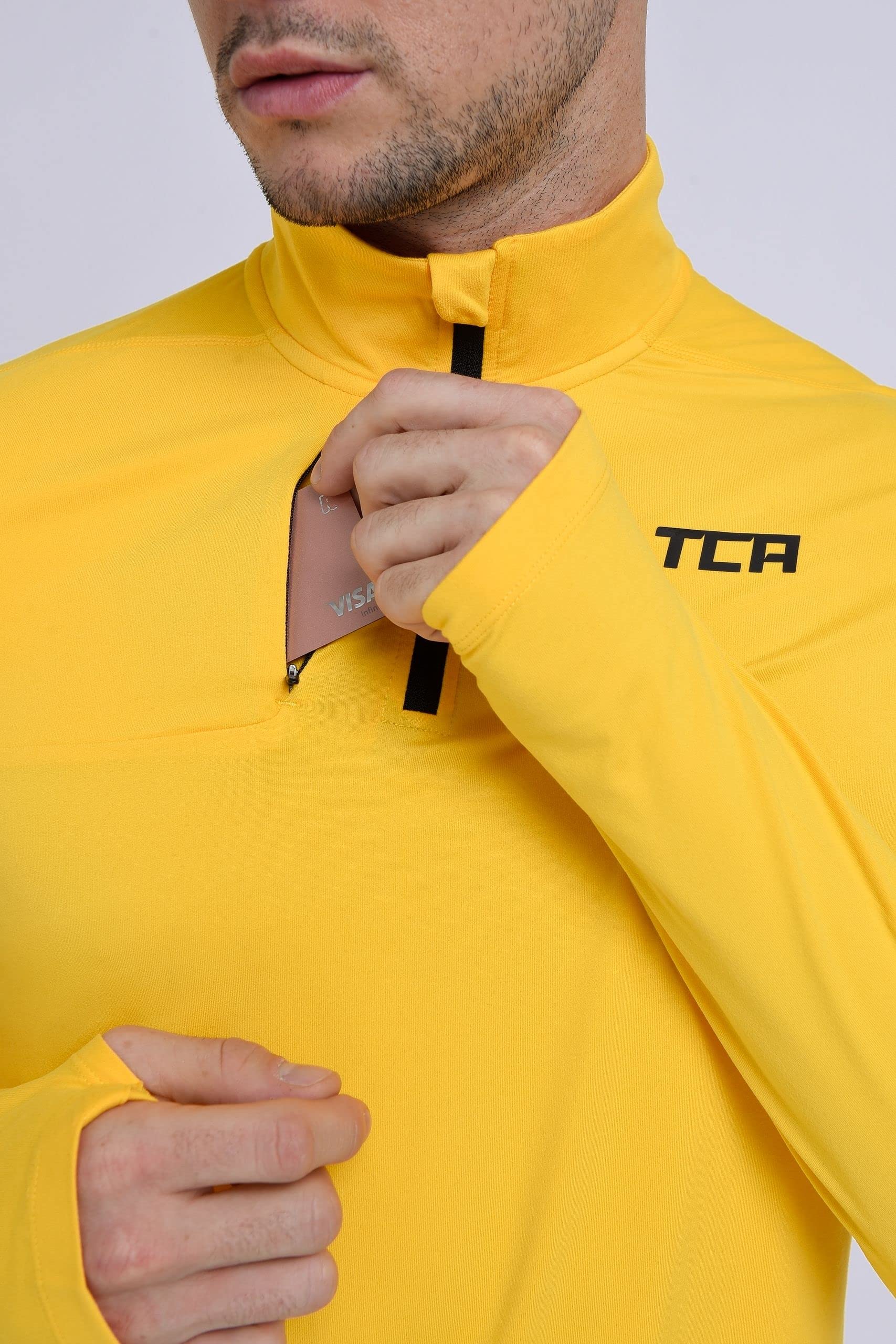 TCA Men's Fusion Pro Quickdry Long Sleeve Half Zip Running Shirt β Athletic Workout Pullover with Pocket & Thumb Holes- Spectra Yellow, Large