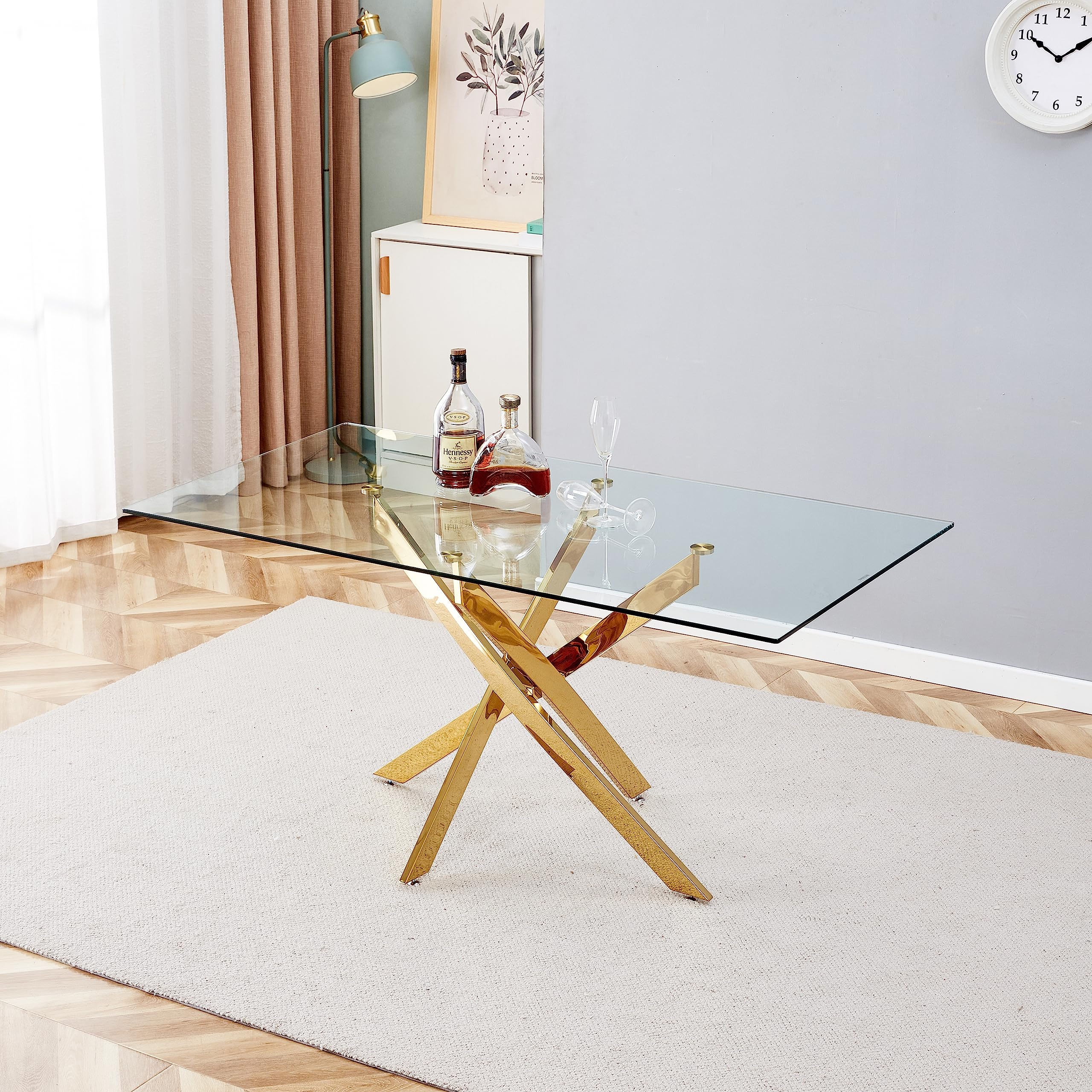 Nicemoods 63" Tempered Glass Dining Table for 4-6 with Stainless Steel Legs, Rectangular Modern Kitchen Table for Dining Room, Restaurant, Office with Gold Finish