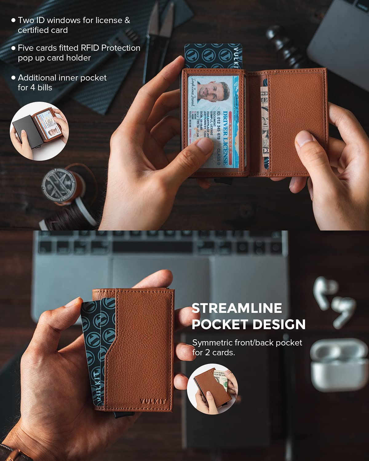 VULKIT Card Holder Wallet for Mens with ID Windows RFID Blocking Pop Up Wallet Slim Leather Wallet Holds Up to 12 Cards Men's Card Case, Brown