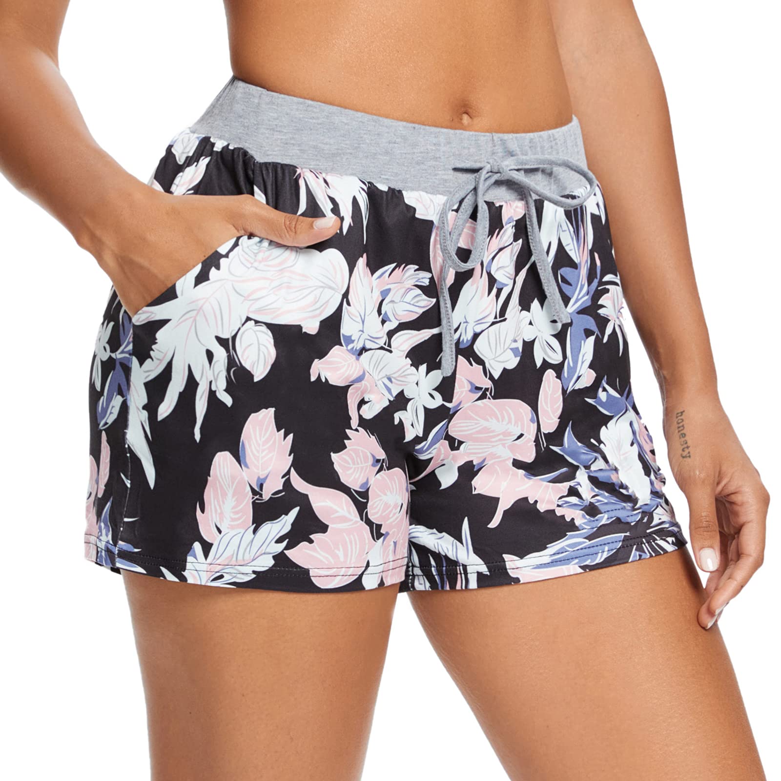 Vegove Women Drawstring Lounging Shorts with Pockets Sport Yoga Casual Activewear Short (2 Pack Floral, X-Large)