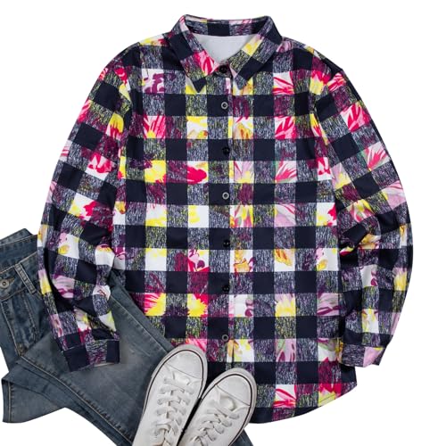 Plaid Jackets for Women Flannel Colorful Plaid Shirt Fall Button Down Blouses Patchwork Casual Long Sleeve Shirts