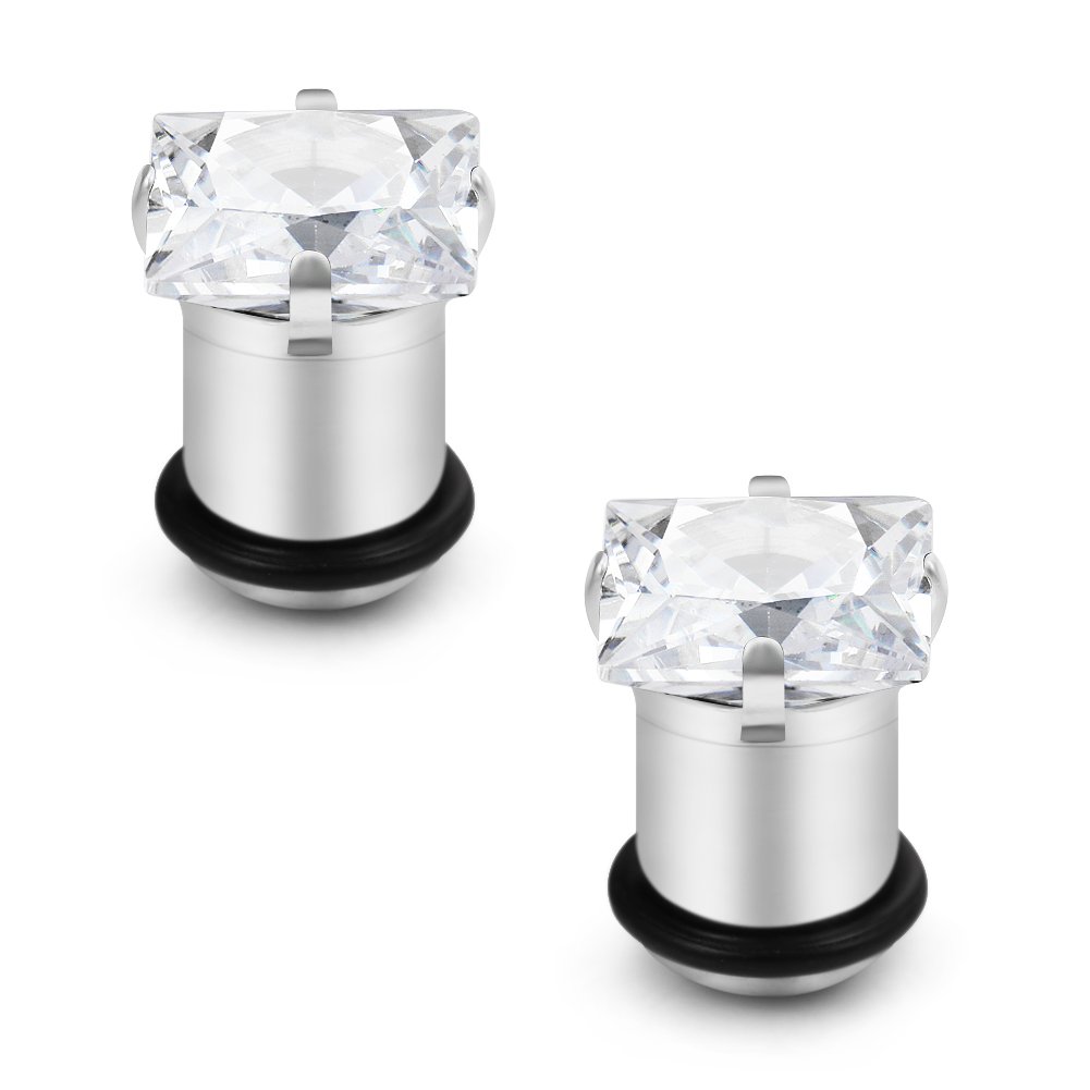 Ruifan 316L Surgical Steel Single Flare Prong Set Clear Square CZ Ear Stretcher Expander Plugs Piercing Gauge with O-Ring 0G(8mm)- Sold As a Pair