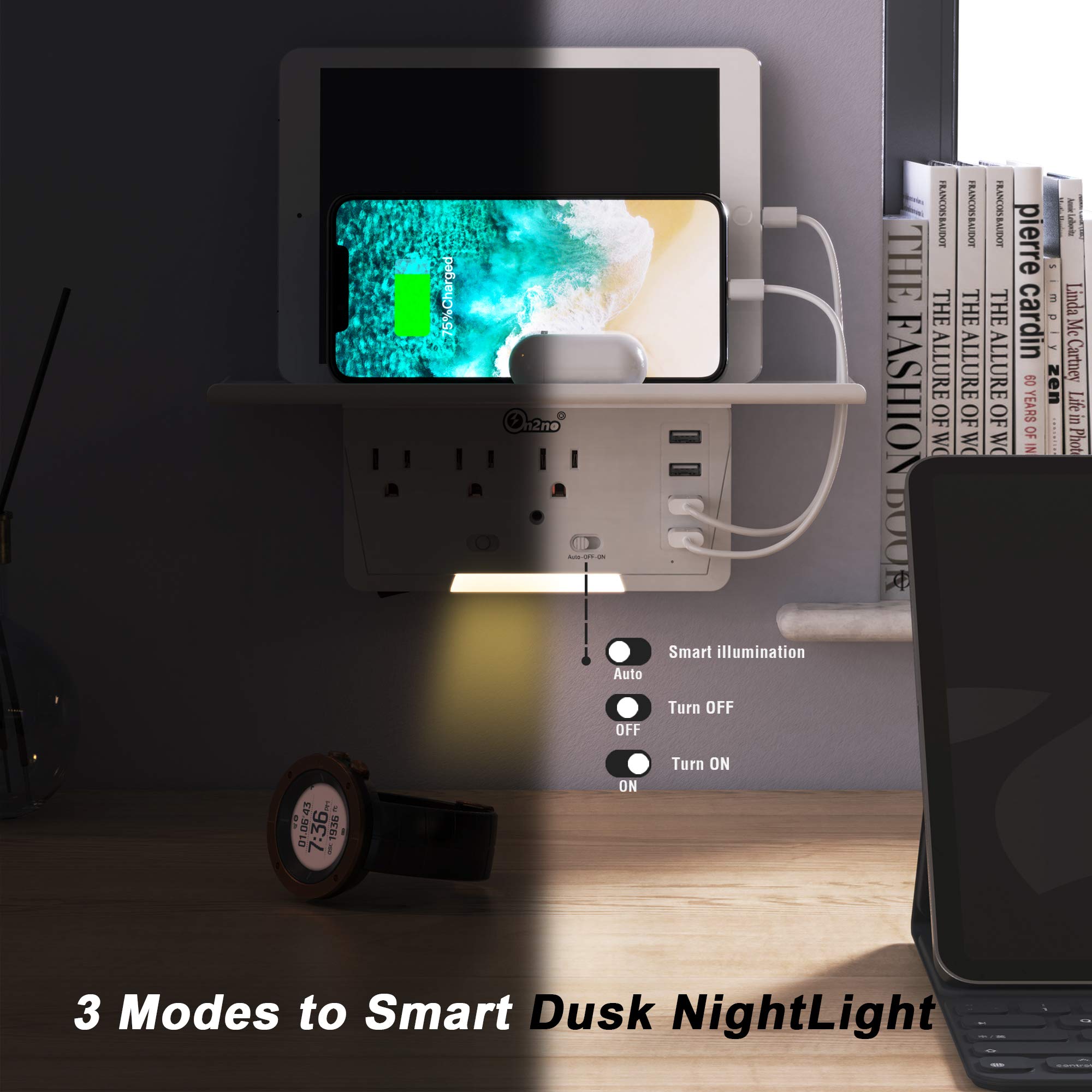 Socket Outlet Shelf, ON2NO Surge Protector Wall Outlet, 3AC Outlet and 4 USB Charging Ports, Electric Outlet Extender with Built-in Shelf and Smart Night Light to Create Charging Station in Home
