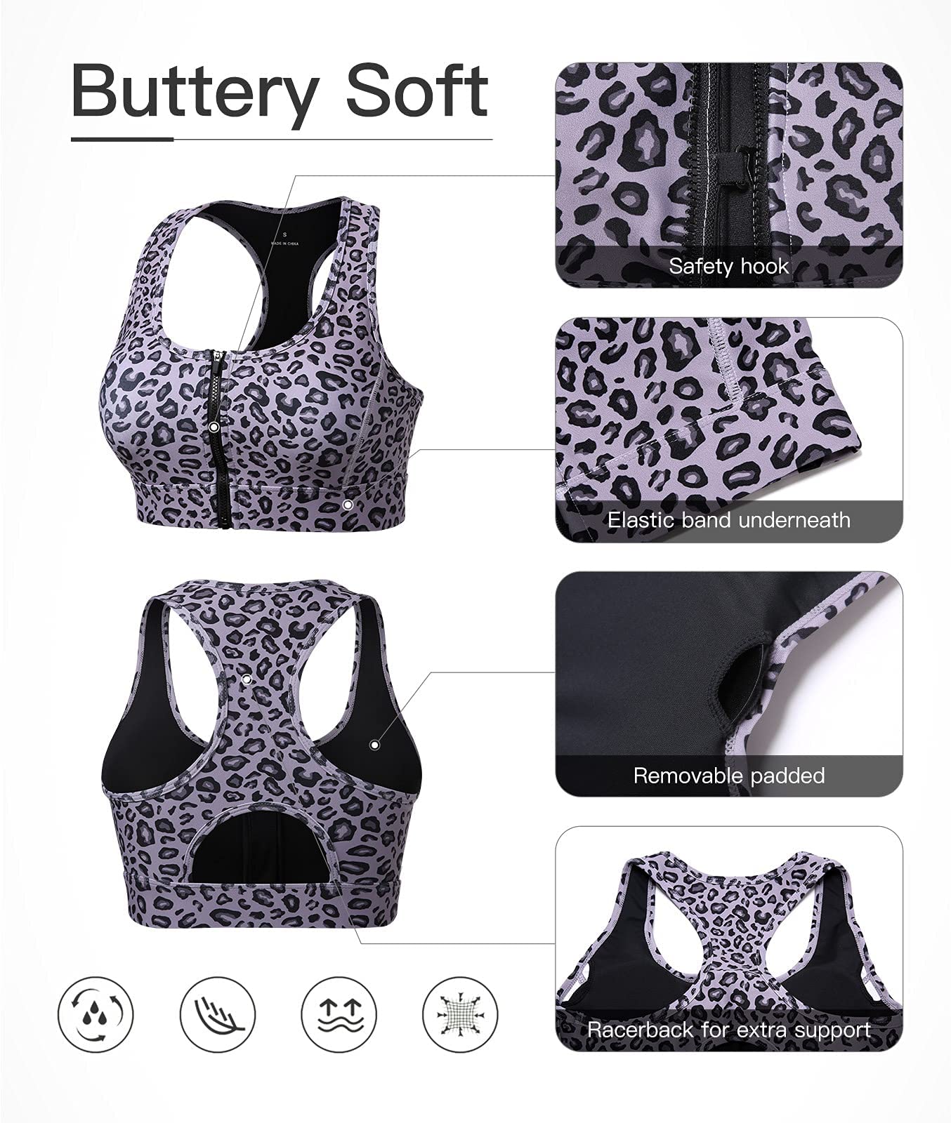 VUTRU Zip Front Sports Bra Racerback Wireless Workout Yoga Bra Padded Bra Top