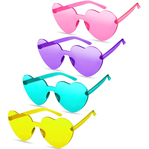 TOODOO 4 Pieces Heart Shape Rimless Sunglasses Transparent Candy Color Party Eyewear()