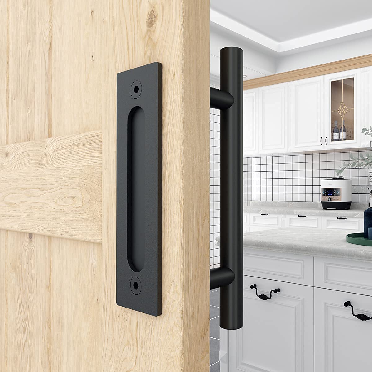 WINSOON 36in x 84 in Sliding Barn Door Interior Paneled Slab with 1 PC sliding barn door handle, DIY Unfinished Barn Doors Solid Spruce Wood, K Frame Planks, Pre-Drilled, Bottom Grooved