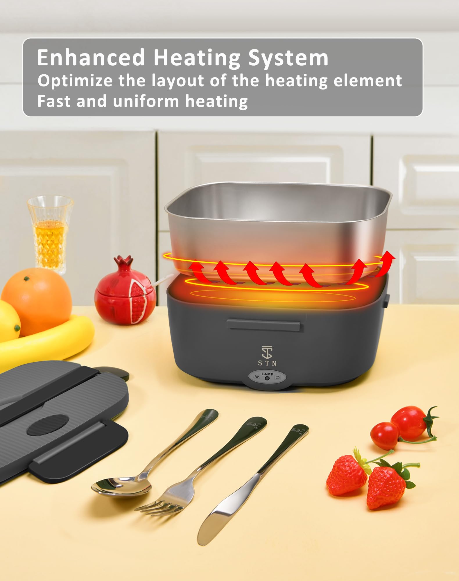 STN Heated Lunch Boxes For Adults,Efficient Electric Lunch Box Set with Removable 304 SS Container (1.5L+ 0.45L),10L Insulated Bags,Big Cutlery Set for 12v 24v 110v