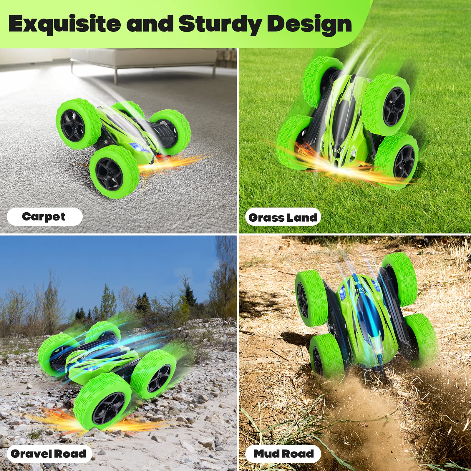 Rcfunkid Remote Control Car, 4WD RC Cars with Double Sided 360 Degrees Tumbling and Rotating, 2.4GHZ RC Stunt Car with LED, Remote Control Car for Boys and Girls 4-7