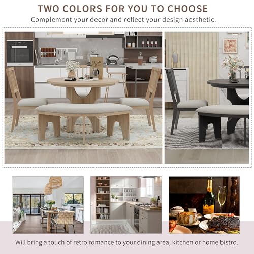RUNWON 5-Piece Set, 44" Round Table with Curved Bench & Side Chairs for 4-5 People for Dining Room and Kitchen, Brown