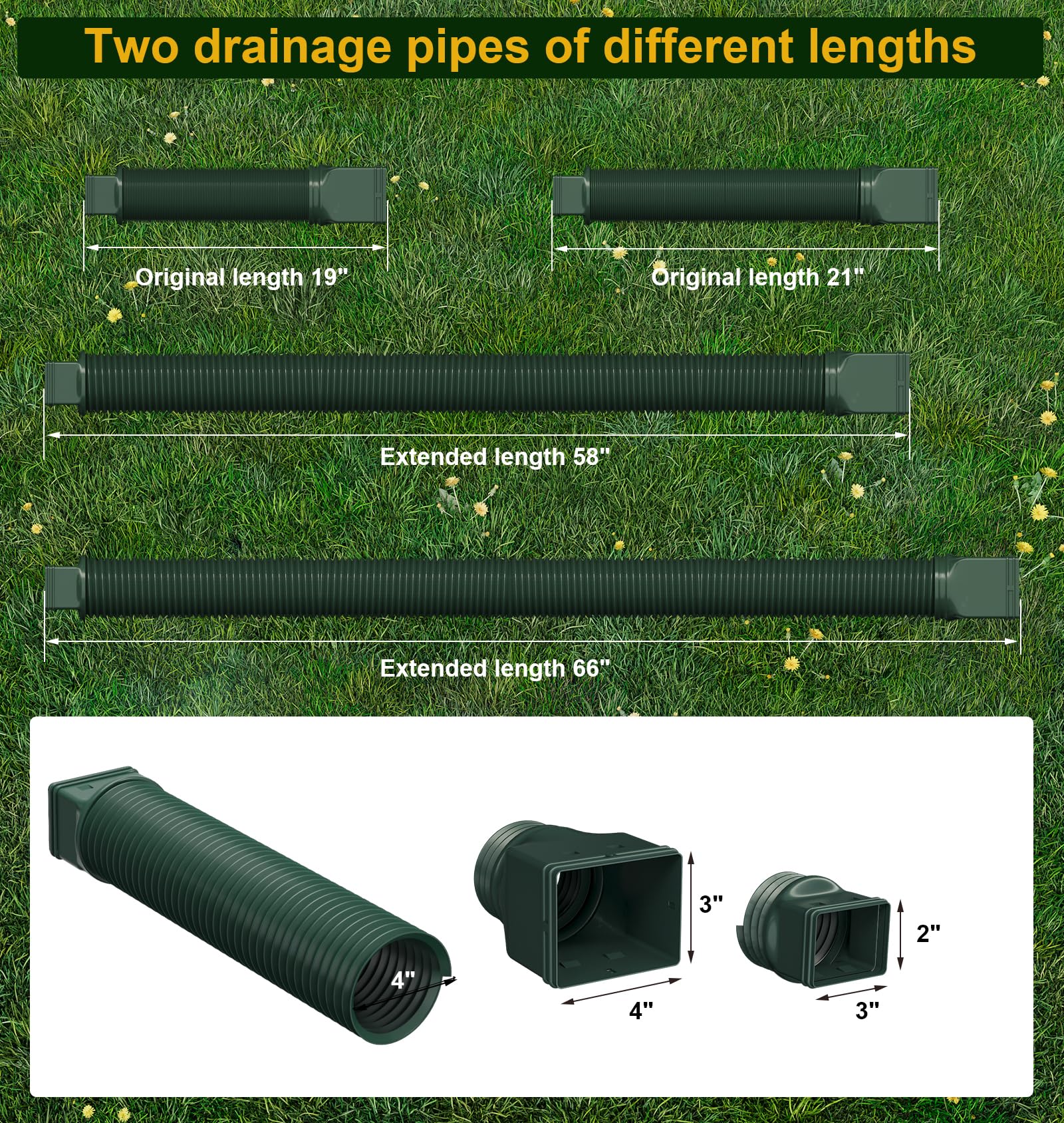 Ogutter Rain Gutter Downspout Extensions, Downspout Extender for Rainwater Drainage Flexible, Extendable 58"+66" Down Spout Drain Extension Pipes (2 Pack, Green)