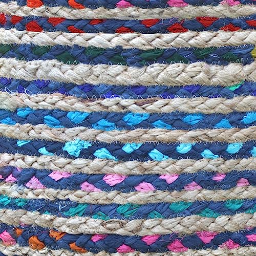 SIMPLIHOME Margo 20 Inch Wide Boho Round Pouf in Blue Braided Jute, for The Living Room, Bedroom and Kids Room