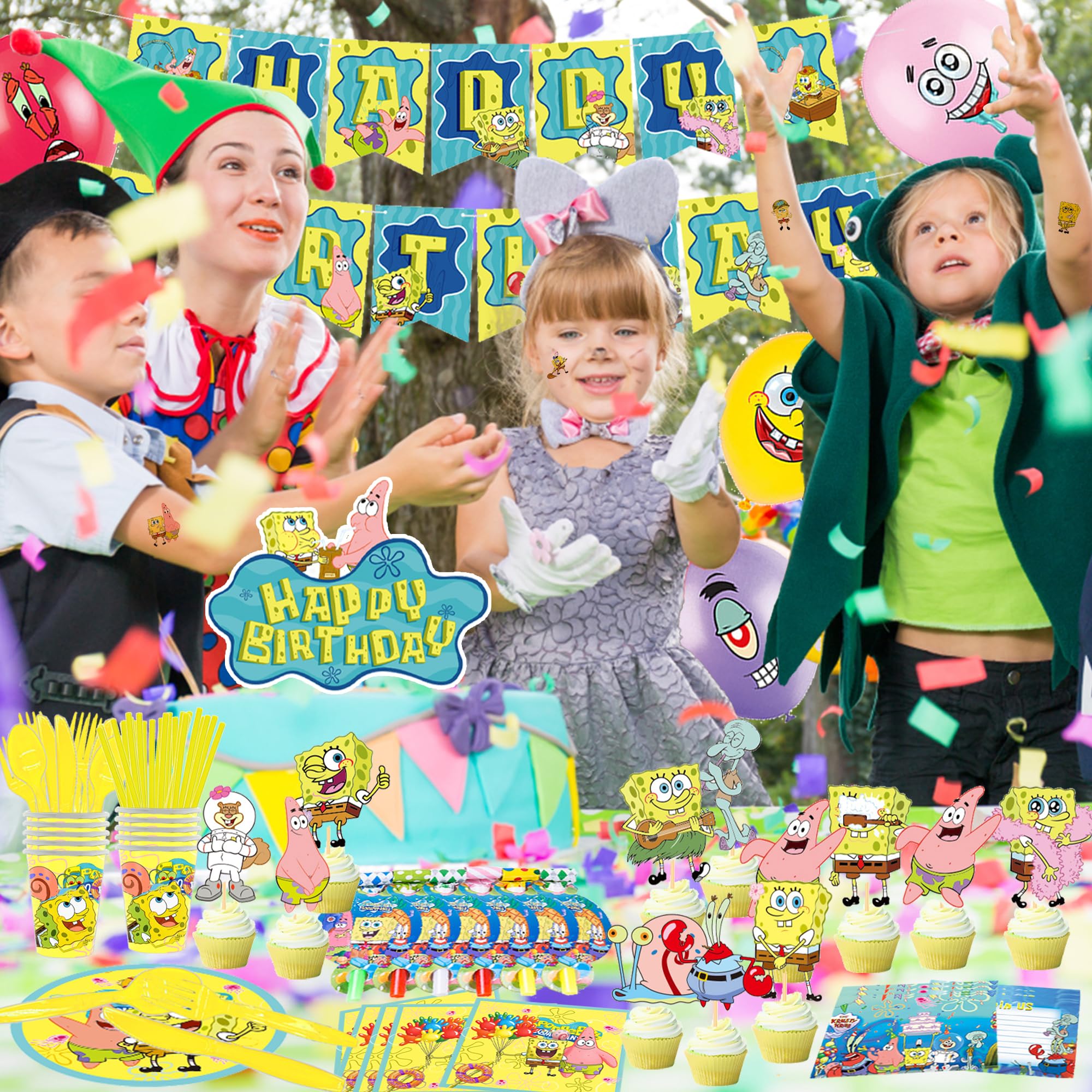 Sponge Theme Birthday Party Supplies, Birthday Decorations includes Happy Birthday Banner, Backdrop, Balloon, Cake Topper, Tableware, Napkins, Stickers