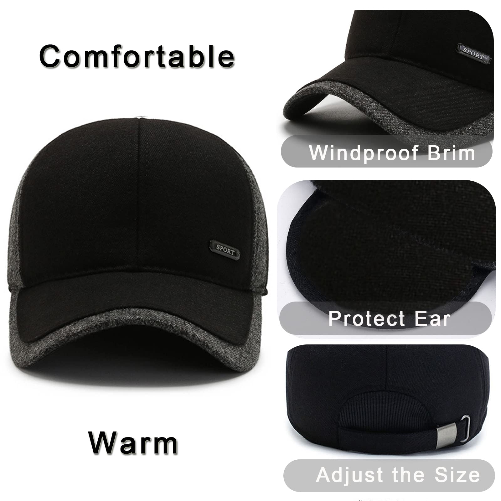 Winter for Men Outdoor Hat, Adjustable Warm Sport Golf Baseball Cap Hats Dad Caps Earflaps Thicken 55-60CM (Brown) (Cotton, Z Black)