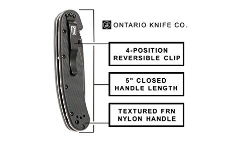 Ontario Knife Company 8846 Rat-1 Black Coated AUS-8 Stainless Steel 3.6 in Plain Edge Blade Nylon Handle 4-Position Reversible Clip Folding Knife for Outdoor, Tactical, Survival & EDC (Black)
