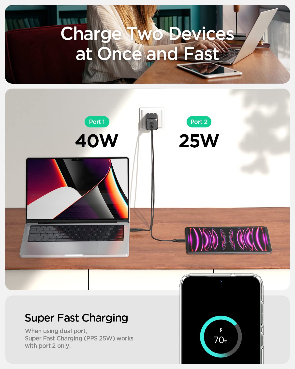 Spigen GaN III 652 65W 2 Ports Compact Foldable Dual USB C Wall Charger PD PPS Fast Charging Block Adapter for iPhone 15 Pro Max 14 13 iPad MacBook Air Vision Samsung Galaxy S24 Ultra Plus steam Deck
