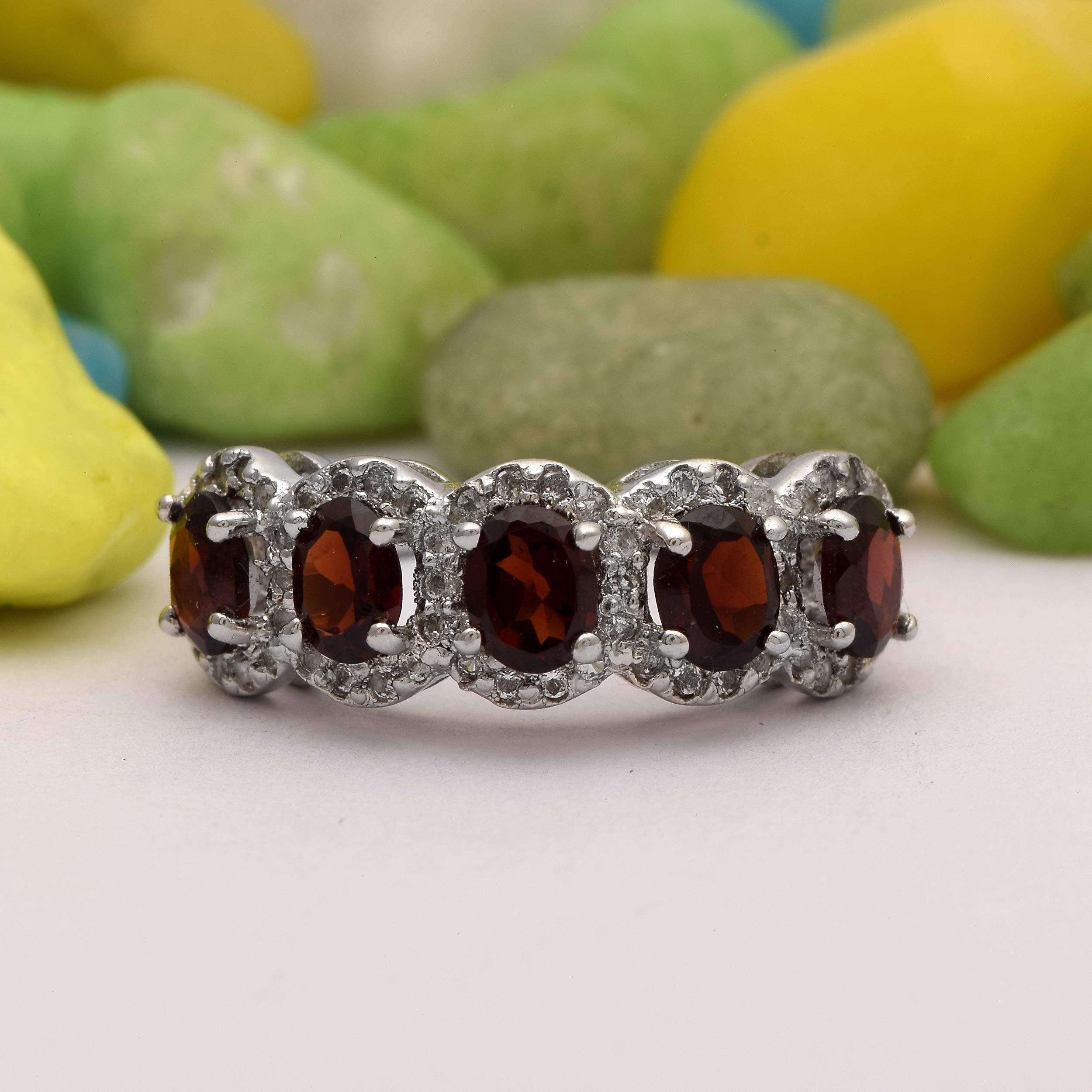 Shine Jewel Cluster Ring 2.50 Ctw Red Garnet Gemstone Women Wedding 925 Fine Silver Ring (8.5)