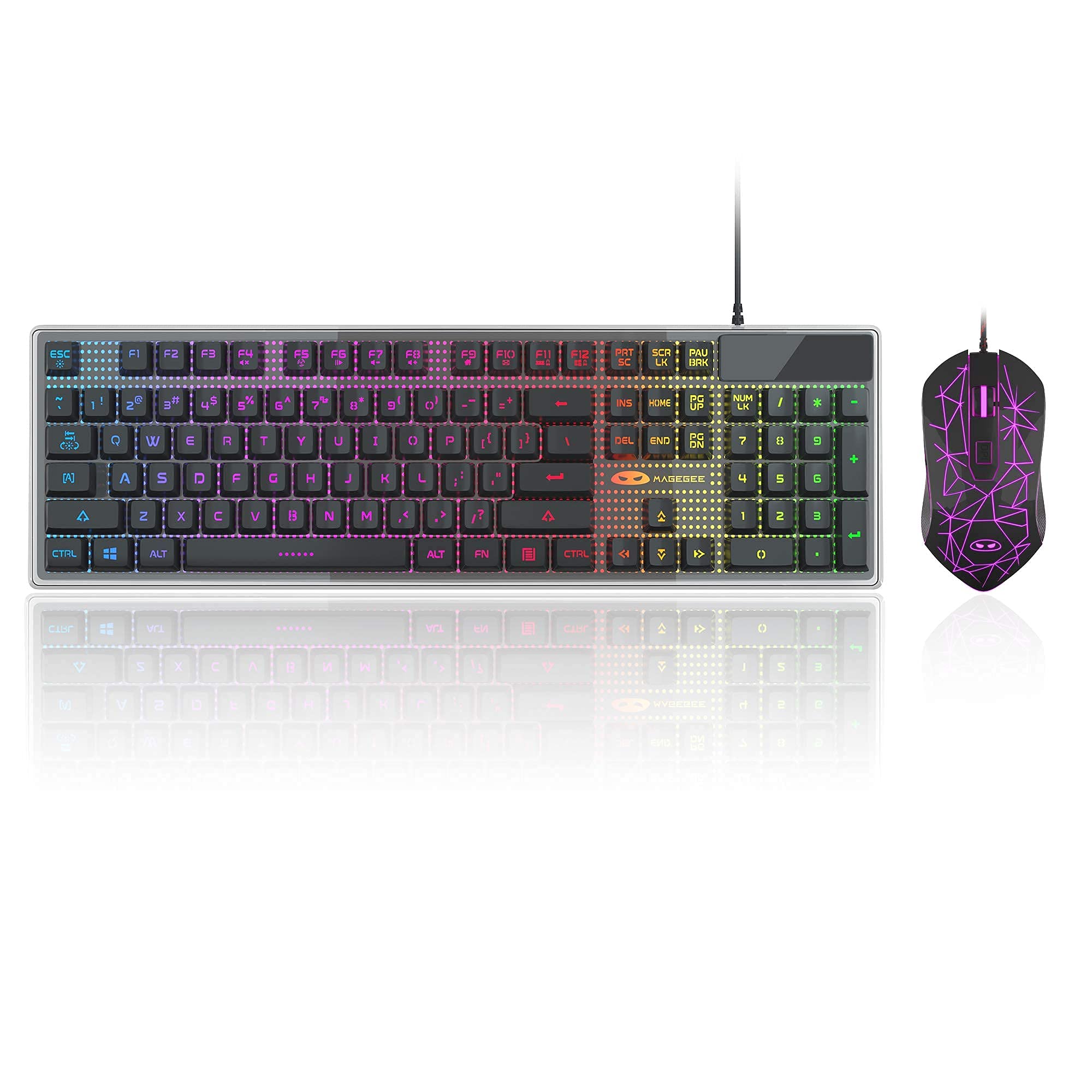 Wired Gaming Keyboard and Mouse Combo, LED Rainbow Backlit 104 Keys Gaming Keyboard with Crystal Cover, 7 Color Backlit Gaming Mouse 3200 for PC Computer Desktop (Black)